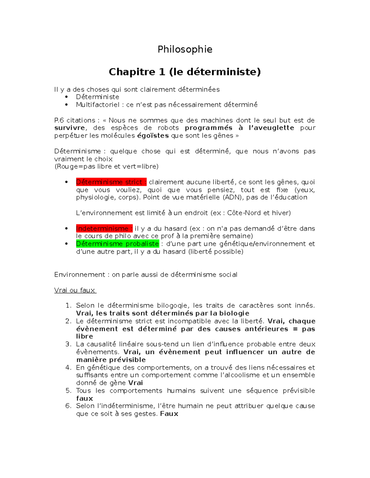 Philosophie - Chapitre 1 & 5: Déterminisme et Liberté (Cours) - Studocu