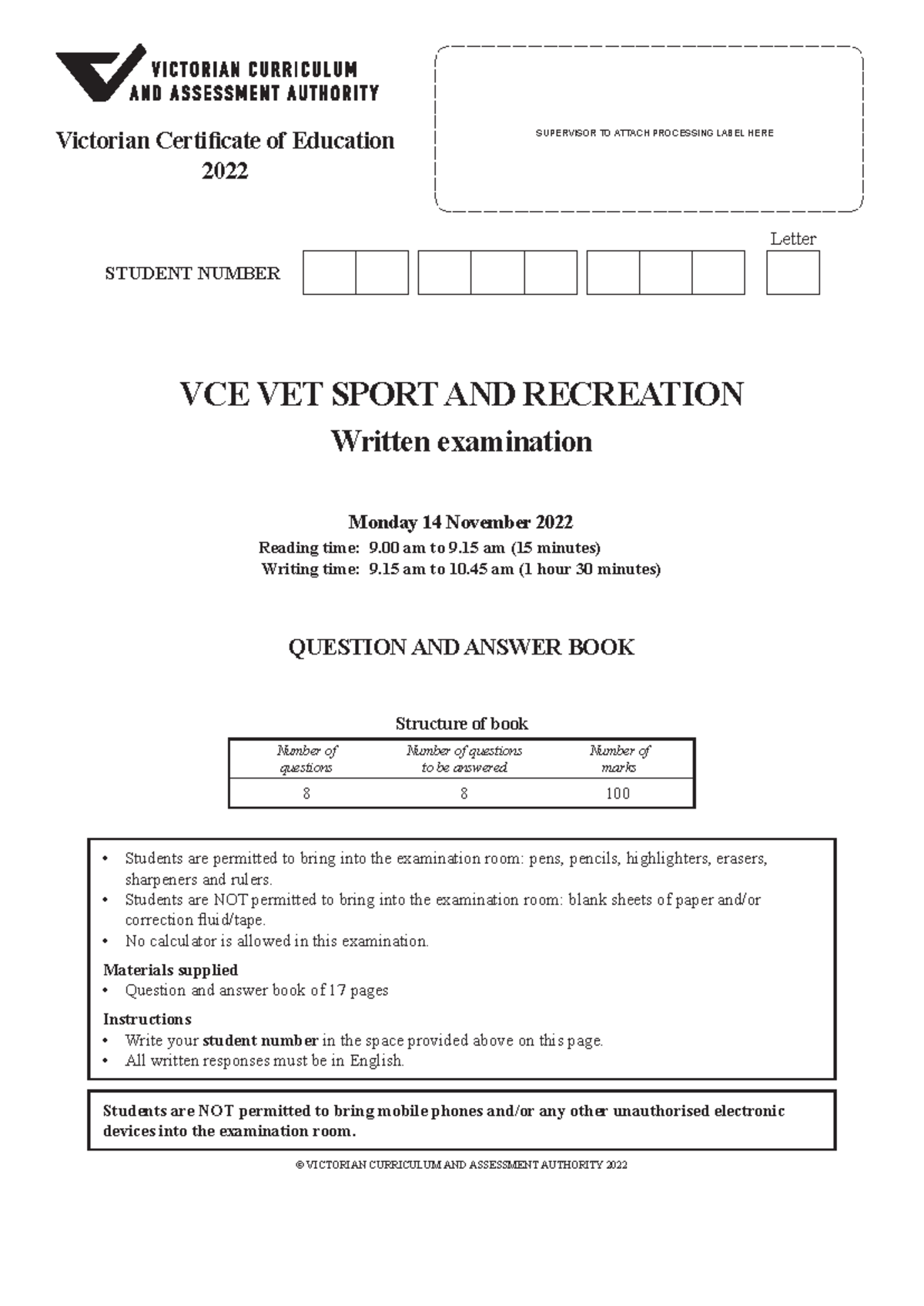 VET Sport & Recreation 2022 - VCAA Written Exam Guide - Studocu