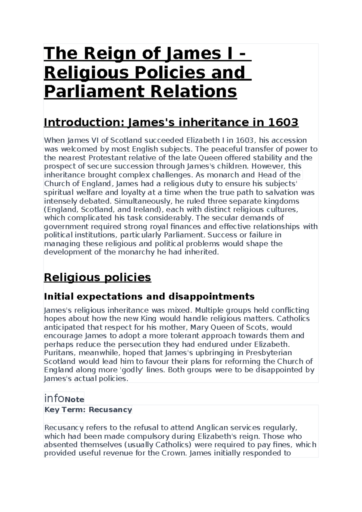 James I's Religious Policies and Parliament Relations (HIST 101) - Studocu