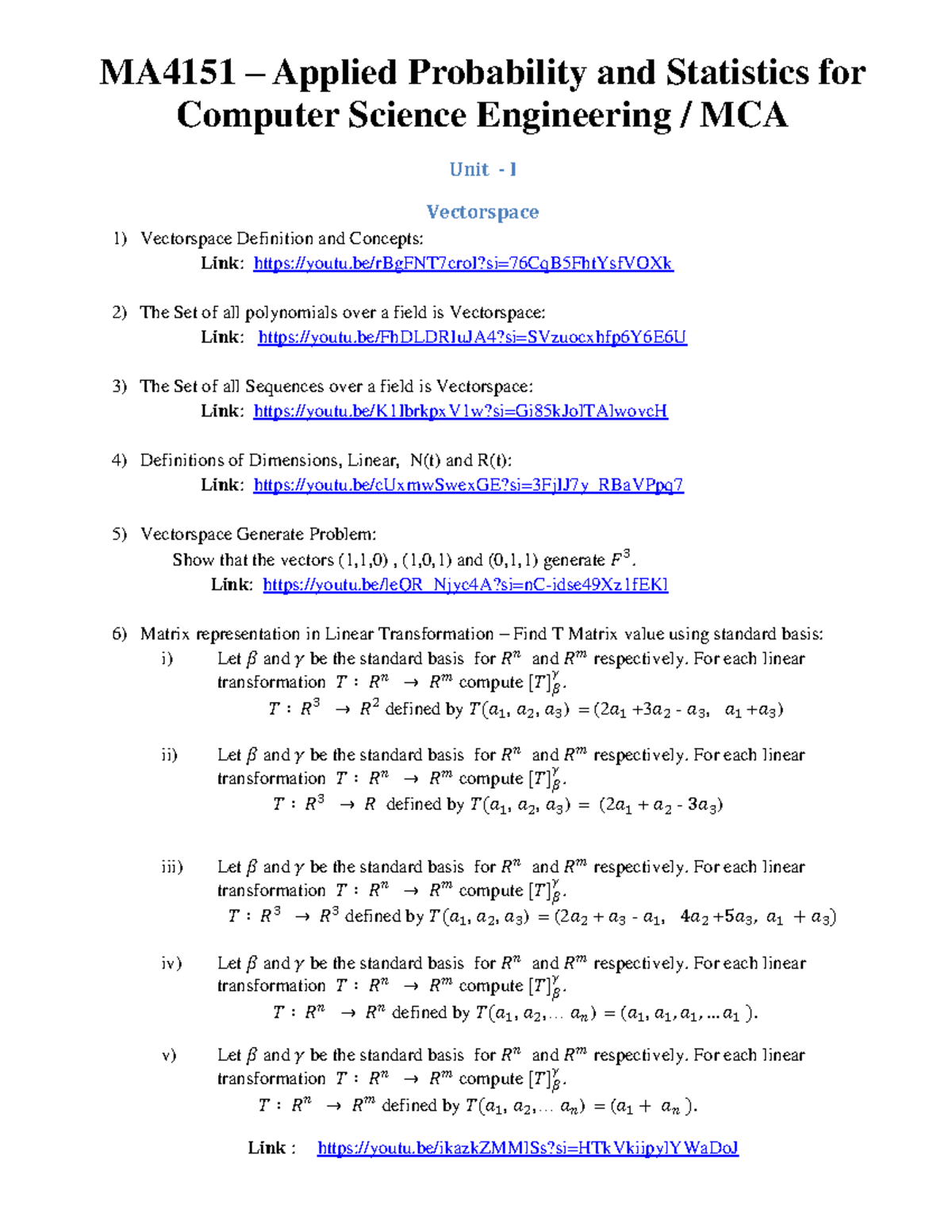 MA4151 - Applied Probability and Statistics: Unit 1 Overview - Studocu