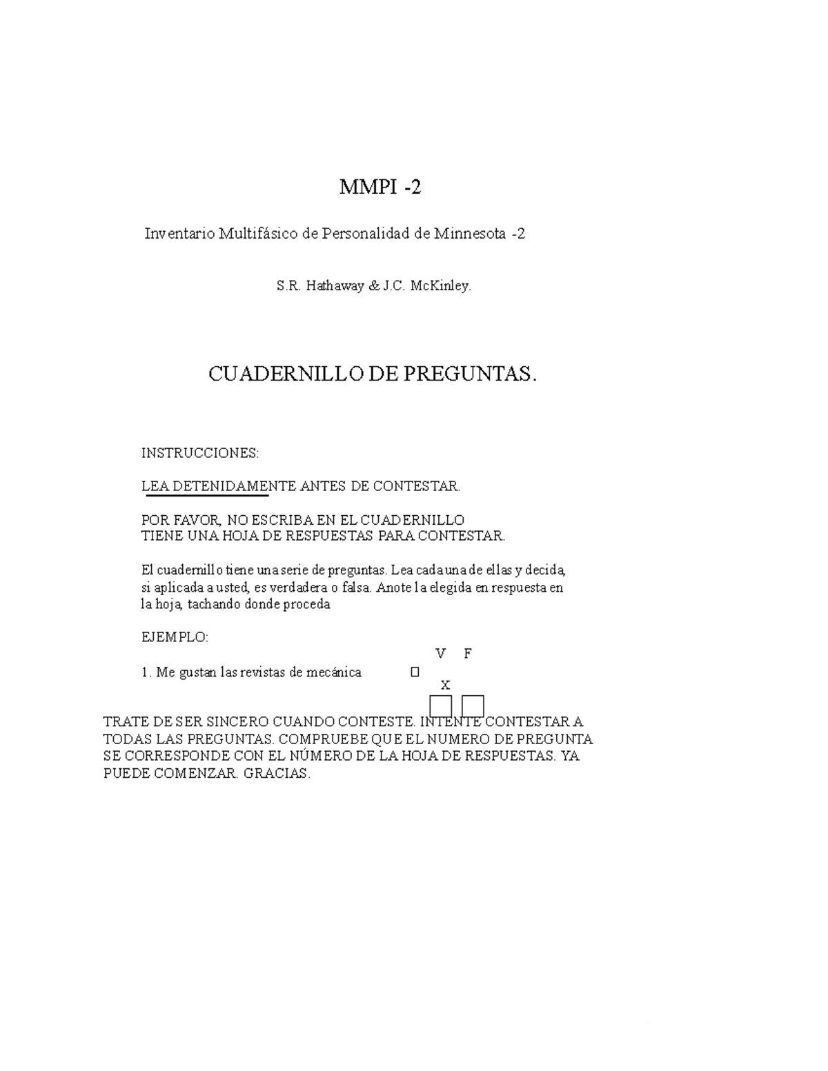 Cuadernillo de Preguntas del MMPI - Inventario Multifásico de ...