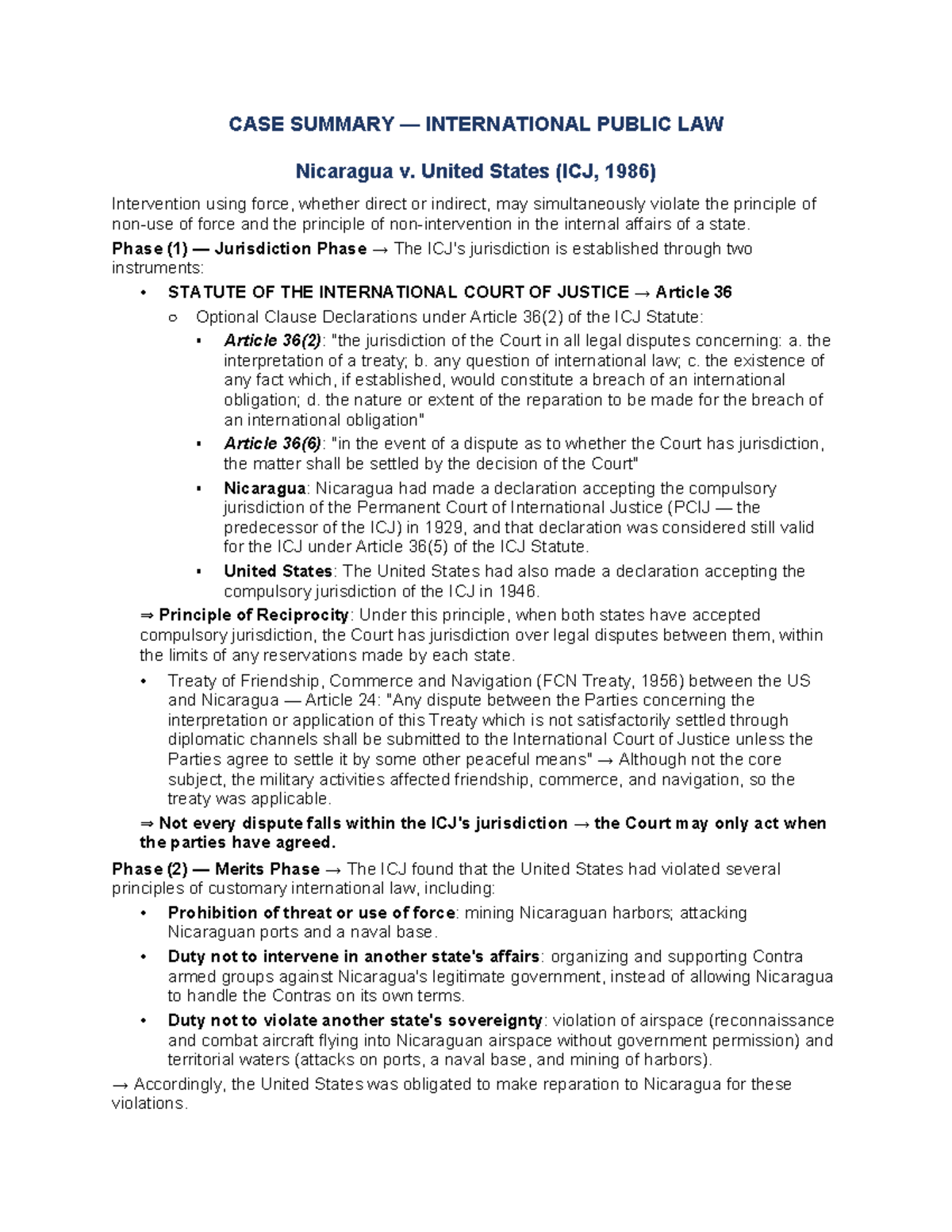 CASE SUMMARY: Nicaragua v. United States (ICJ, 1986) - Jurisdiction ...