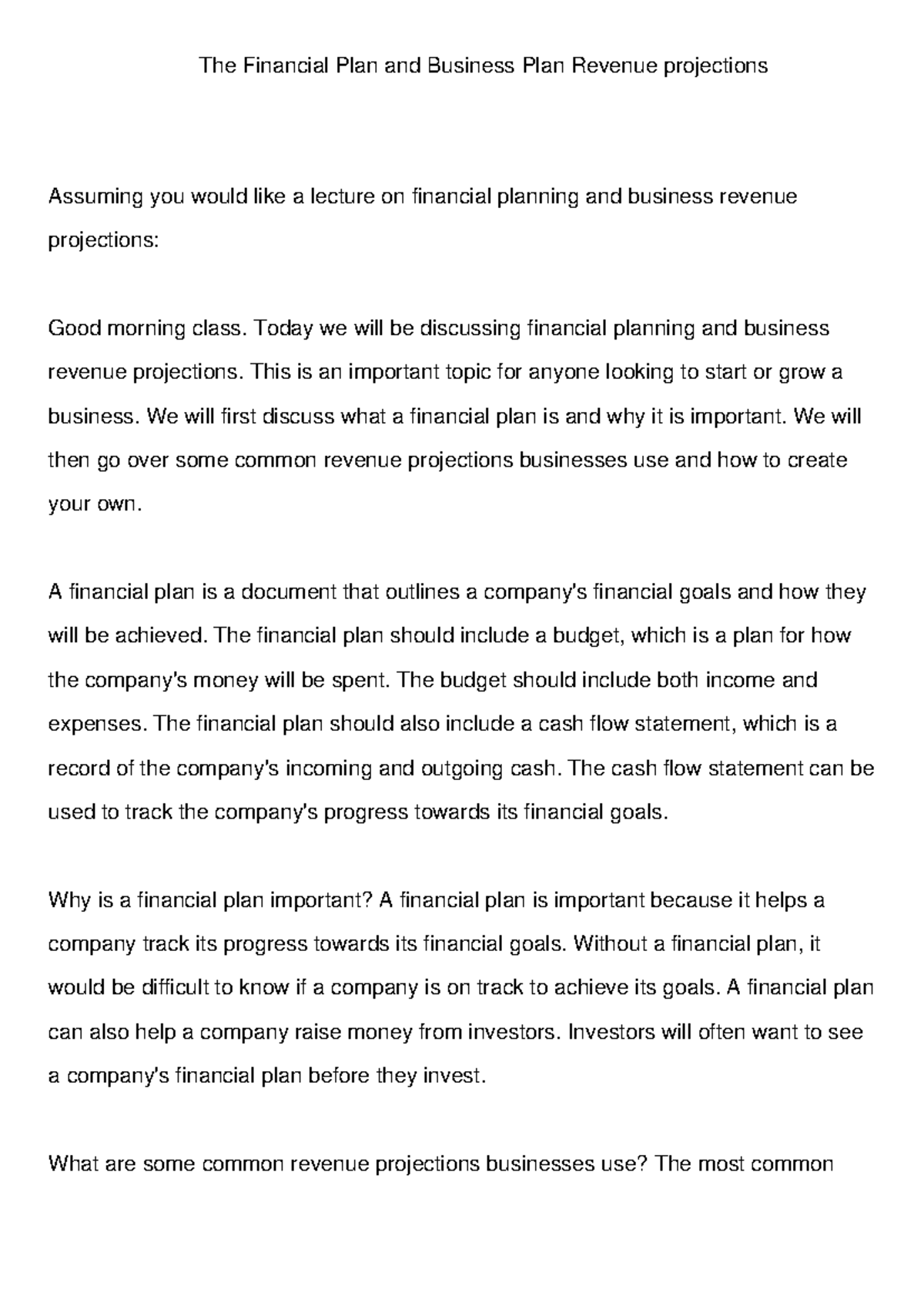 Lecture on Financial and Business Revenue Projections (FIN-101) - Studocu