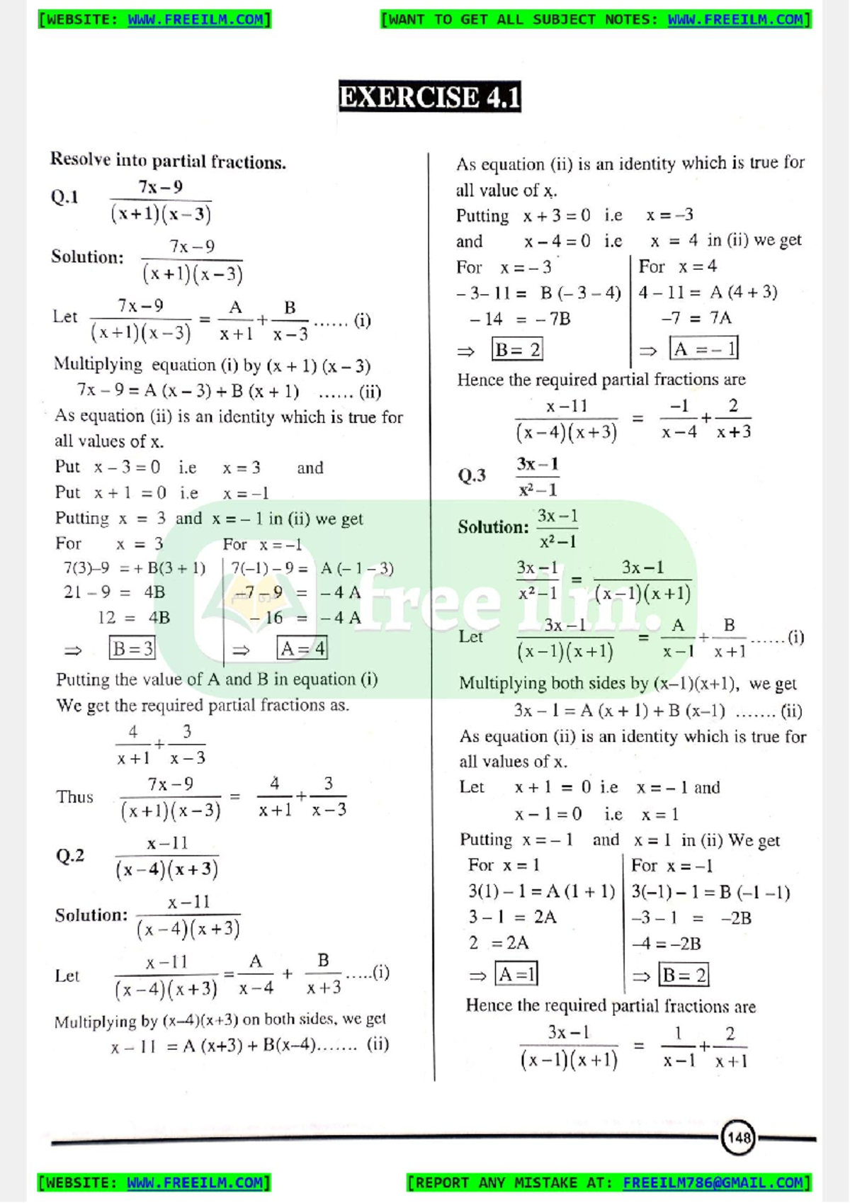 10th Maths CH4 Exercise 4.1 - Partial Fractions Solutions - Studocu