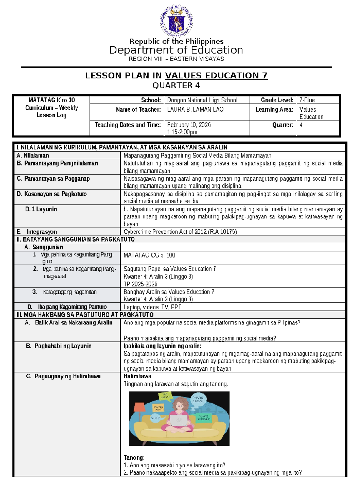 DLP - Final Lesson Plan in Values Education 7 Q4 - Social Media ...