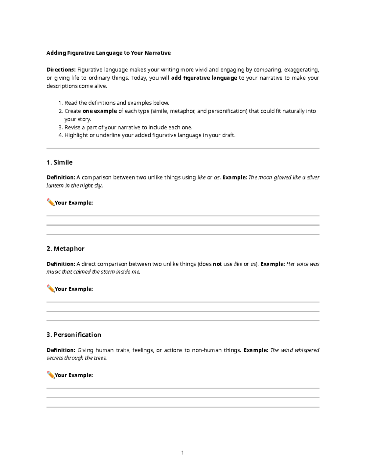 Figurative Language Worksheet: Enhancing Your Narrative Skills - Studocu