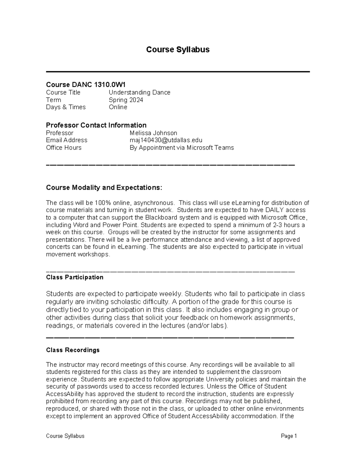 DANC 1310.0W2 Spring '24 Course Syllabus: Understanding Dance ...