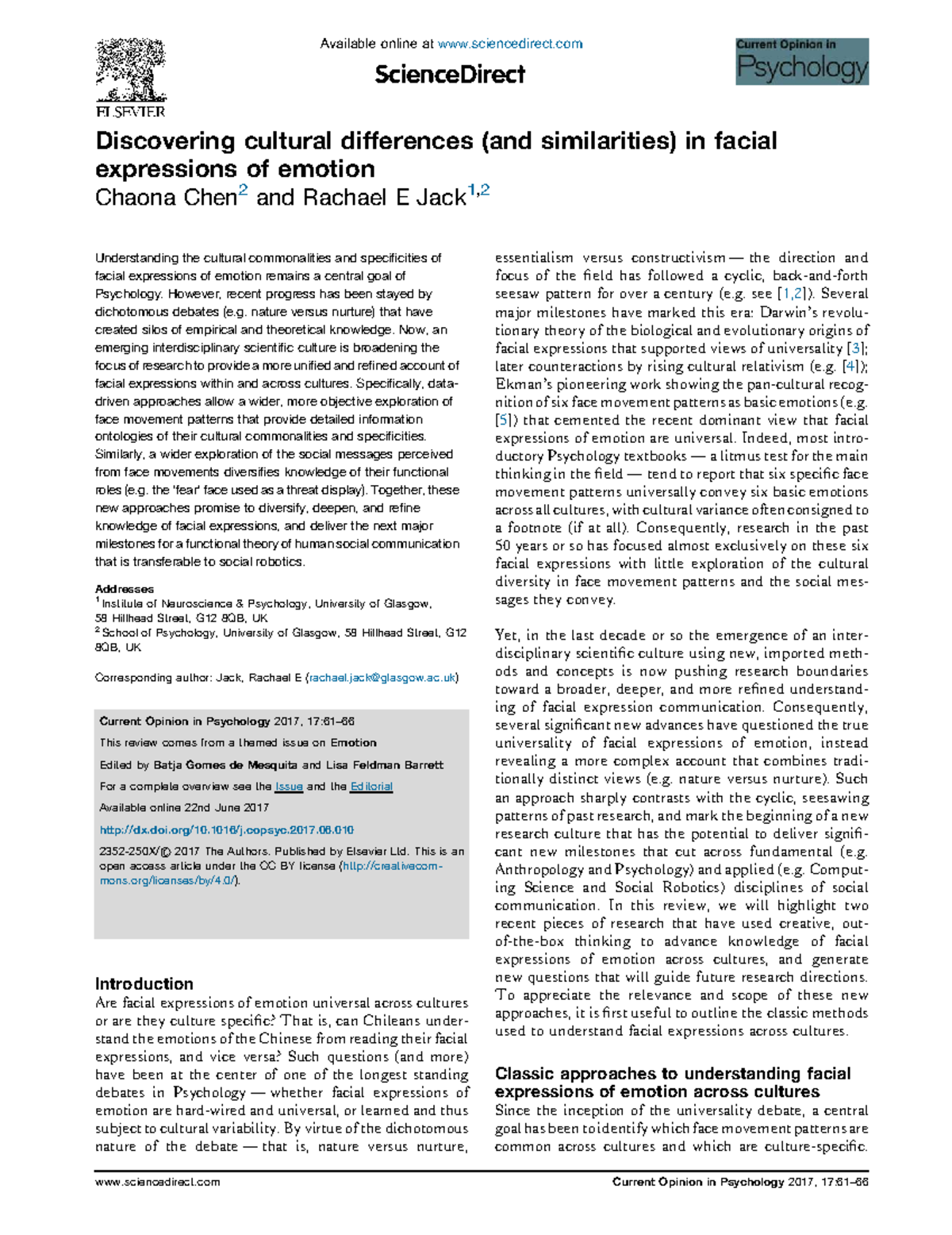 Cultural Differences in Facial Expressions of Emotion: A Review - Studocu