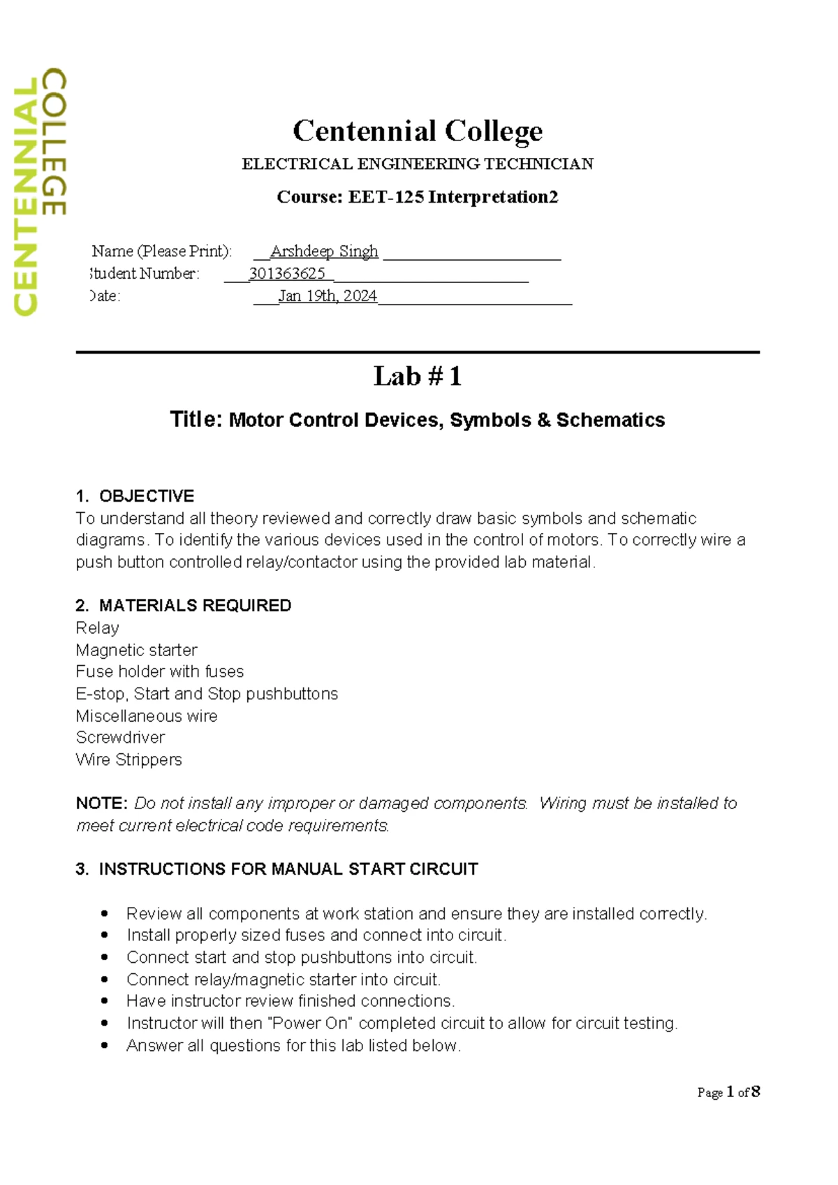 Lab 1 Symbols and Schematics - Centennial College ELECTRICAL ...