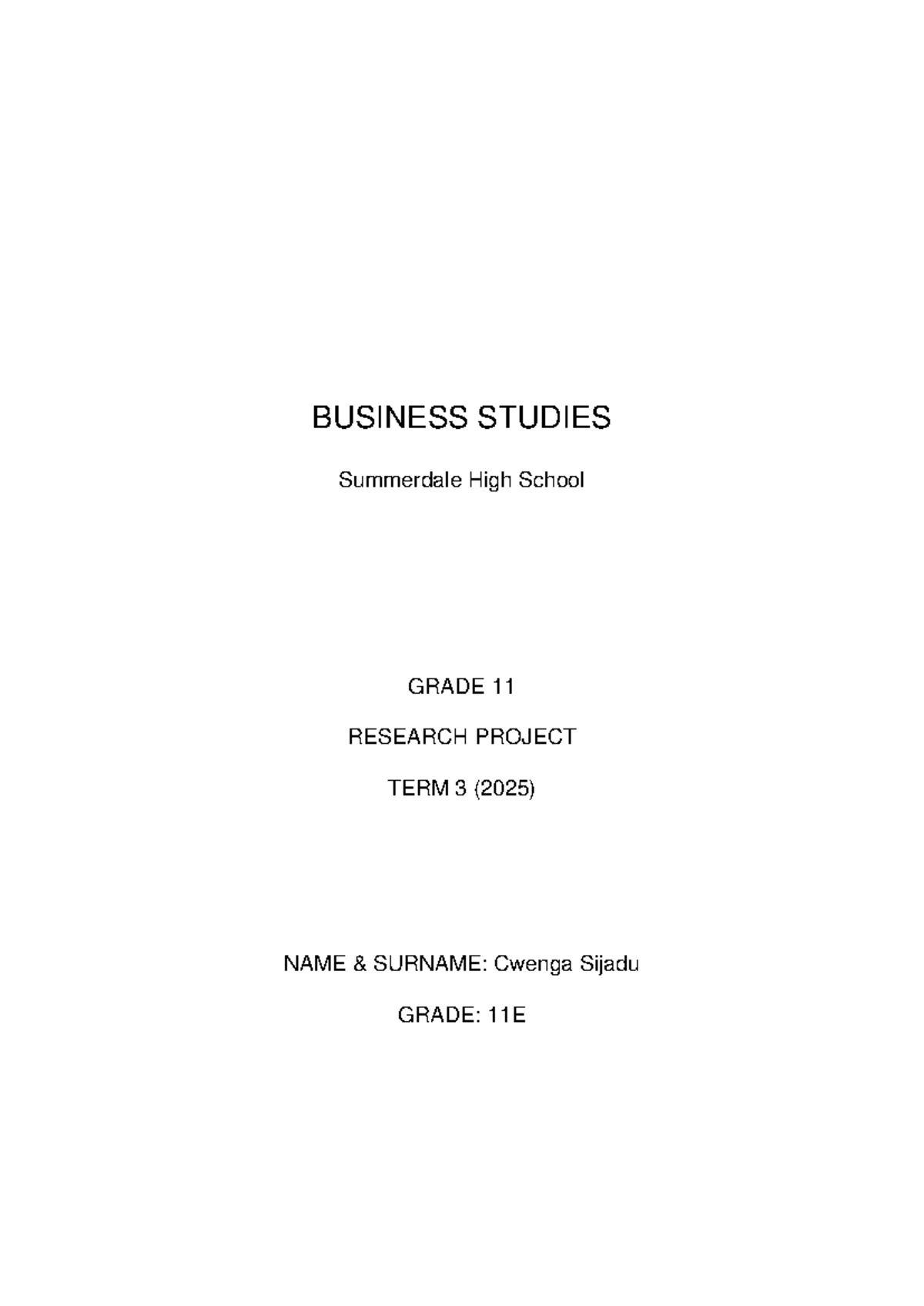 Grade 11 Business Studies Research Project Term 3 (2025) - Studocu