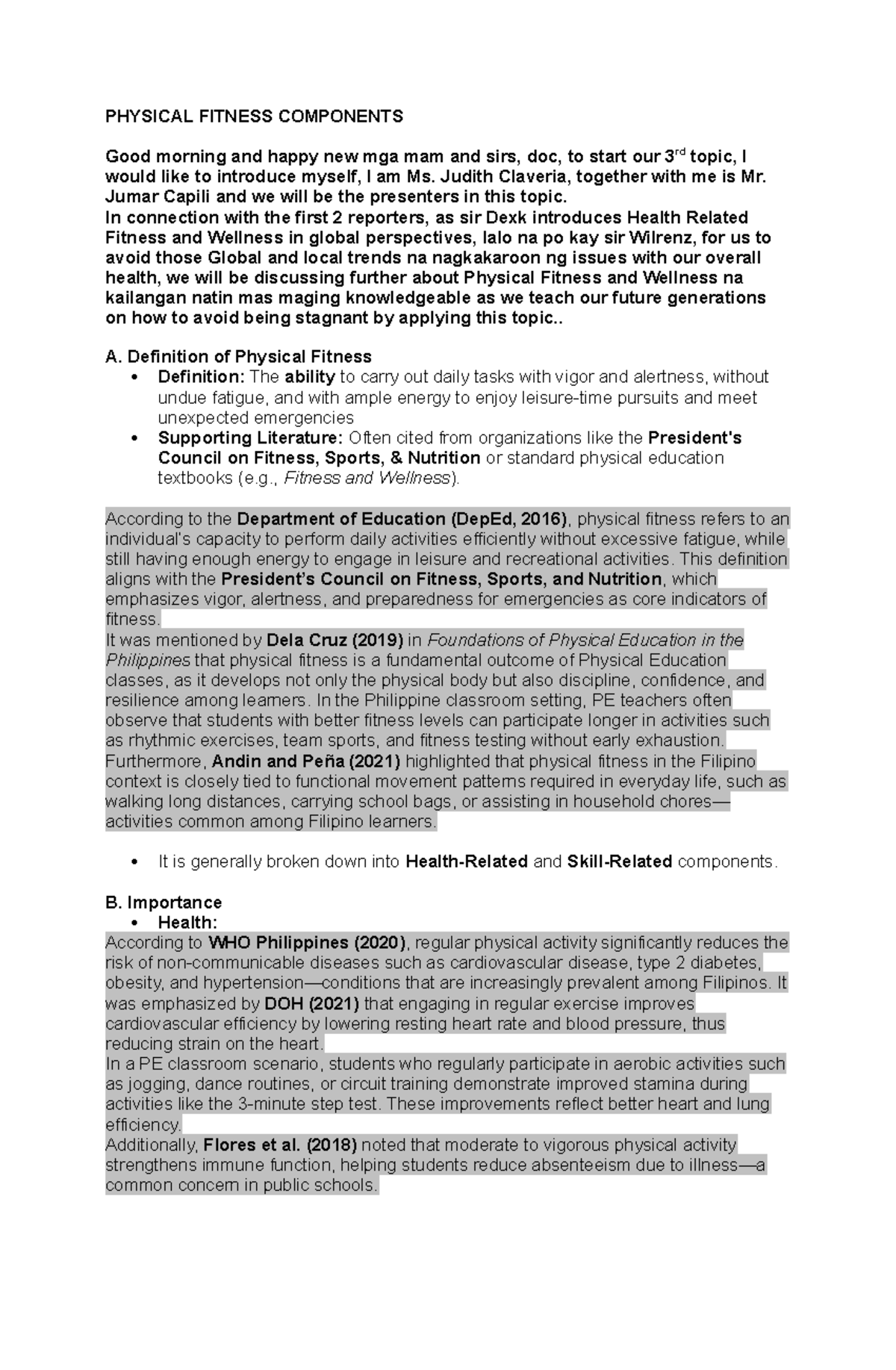 PHYSICAL FITNESS COMPONENTS: Lecture Notes for PE 101 - Studocu