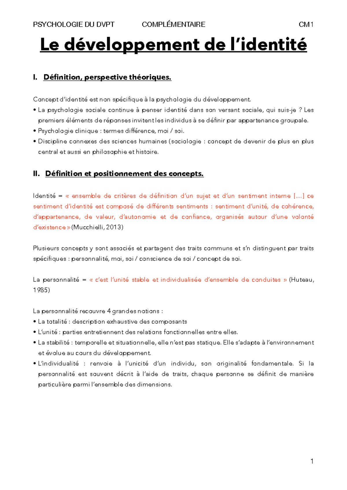 Psycho du Développement S2 CM7 : Concepts d'Identité et Personnalité ...