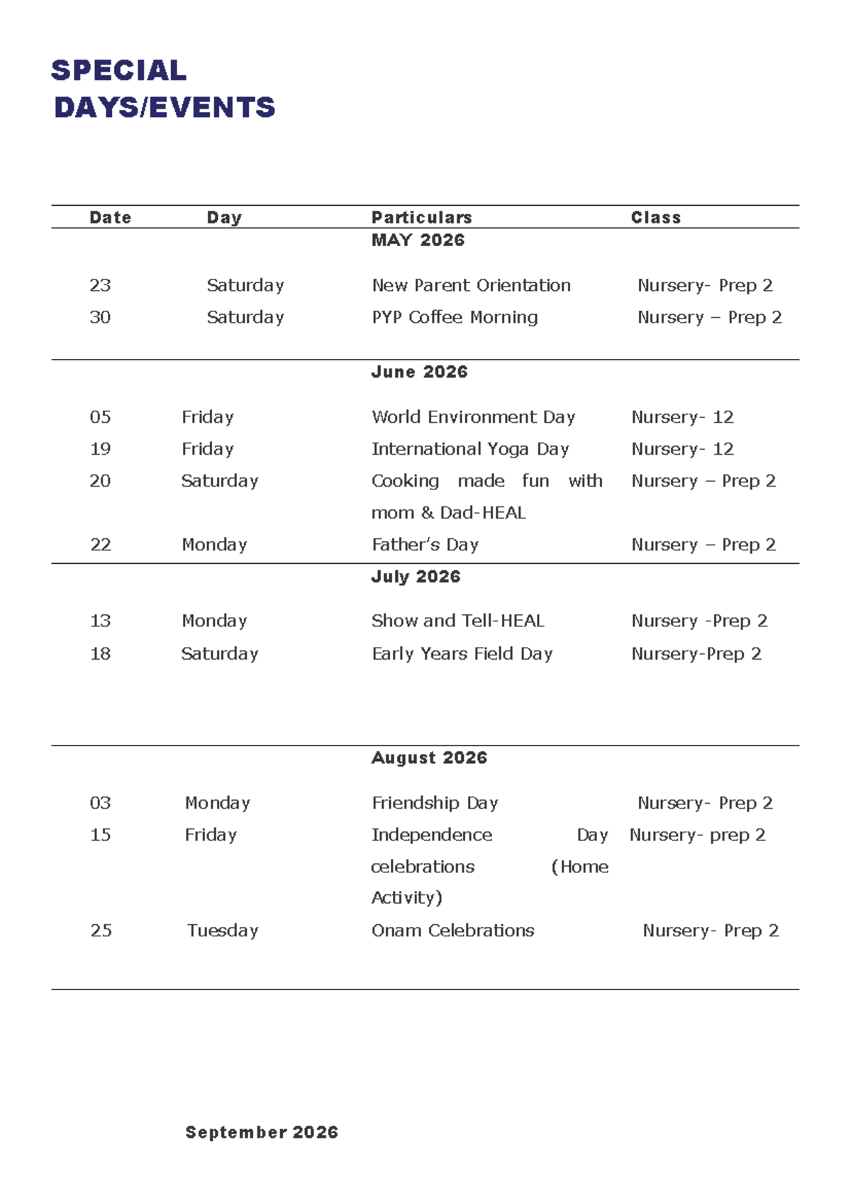 Special Events Schedule EYP 2025-26: Key Dates & Activities - Studocu