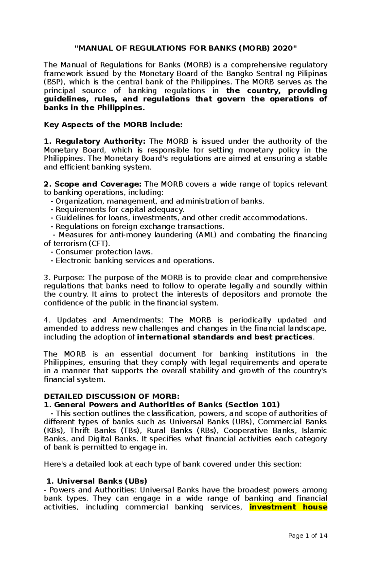 "Comprehensive Overview of the Manual of Regulations for Banks (MORB ...