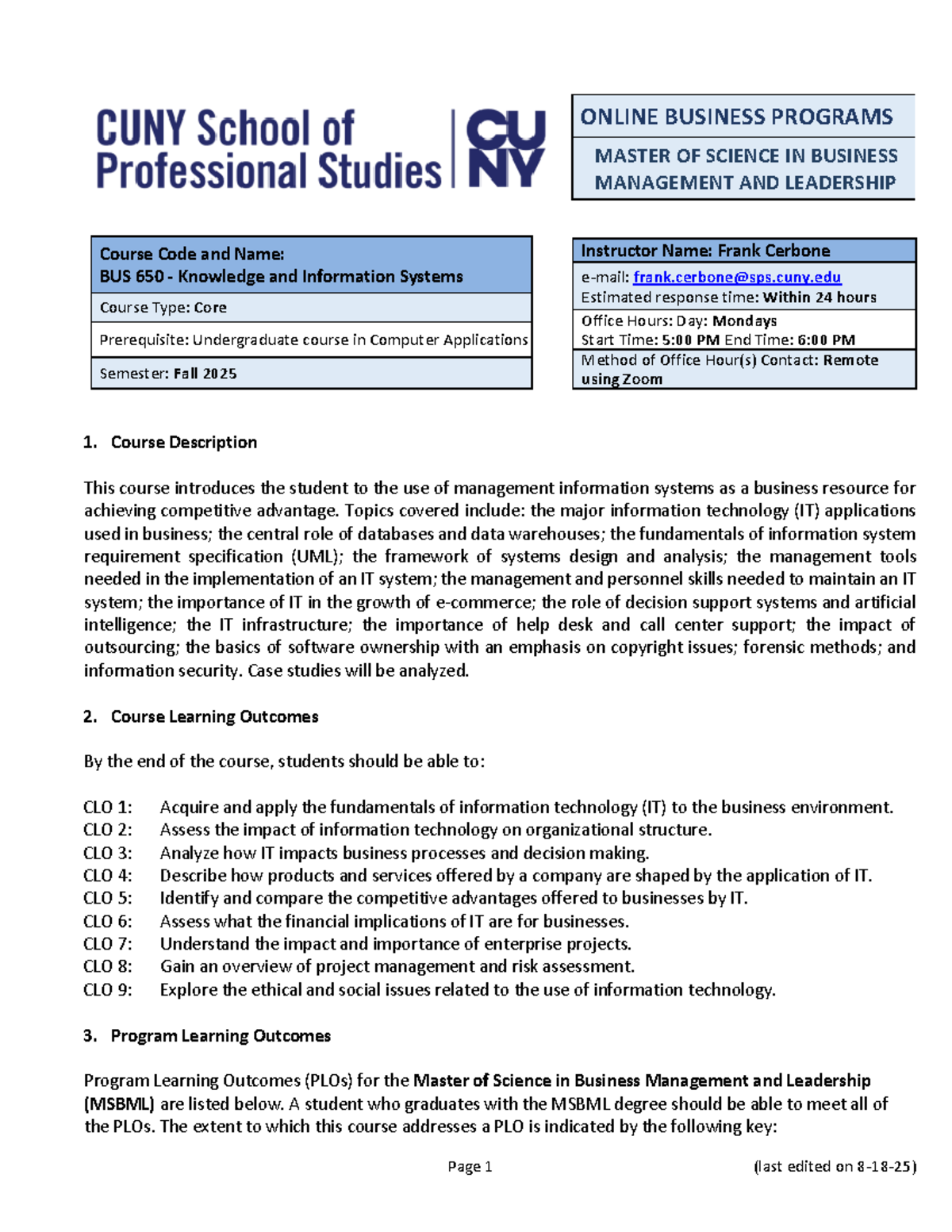 BUS 650 Syllabus: Knowledge & Information Systems - Fall 2025 - Studocu