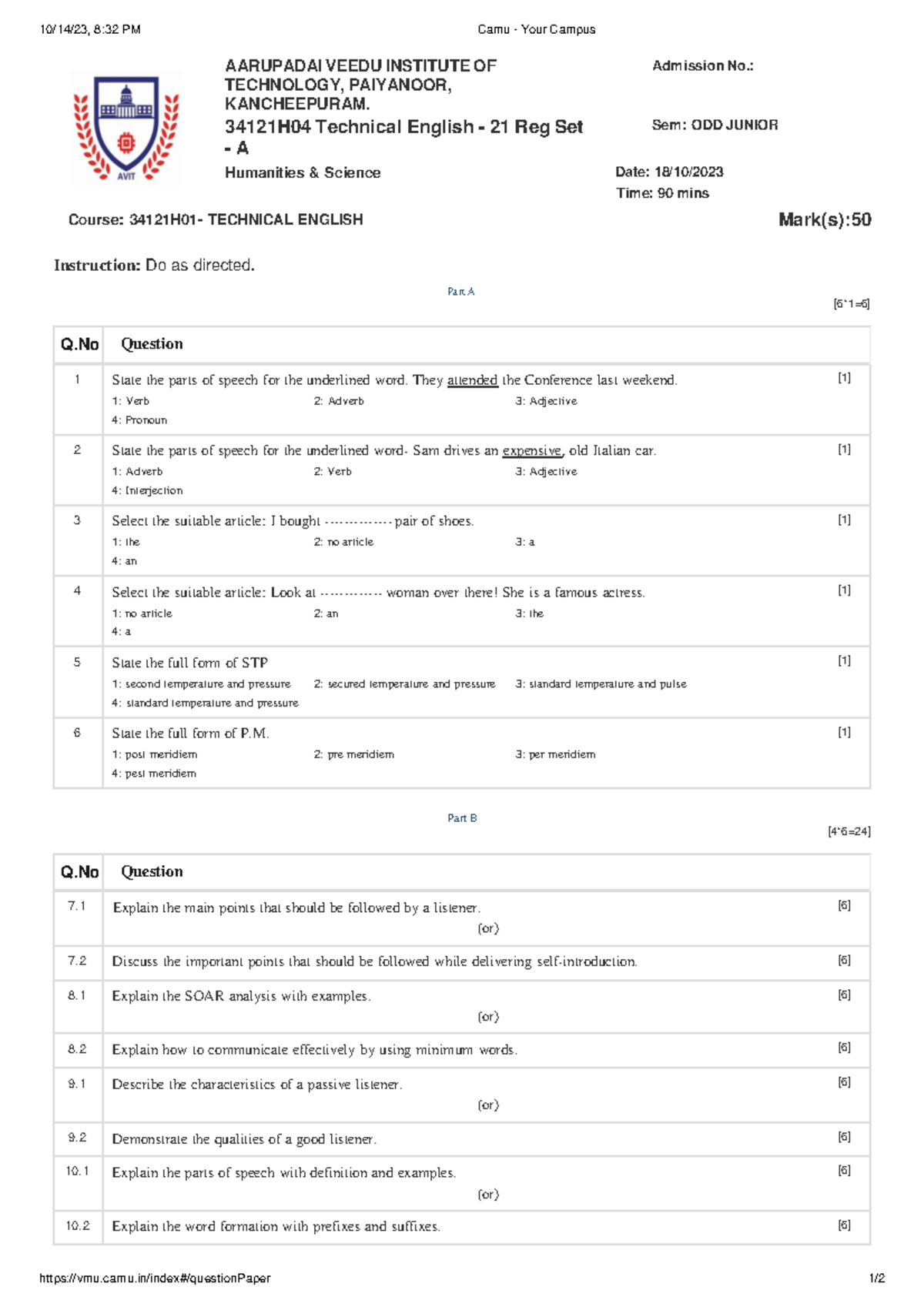 TE IAT - 1 Set A: Technical English Practice Questions - Studocu