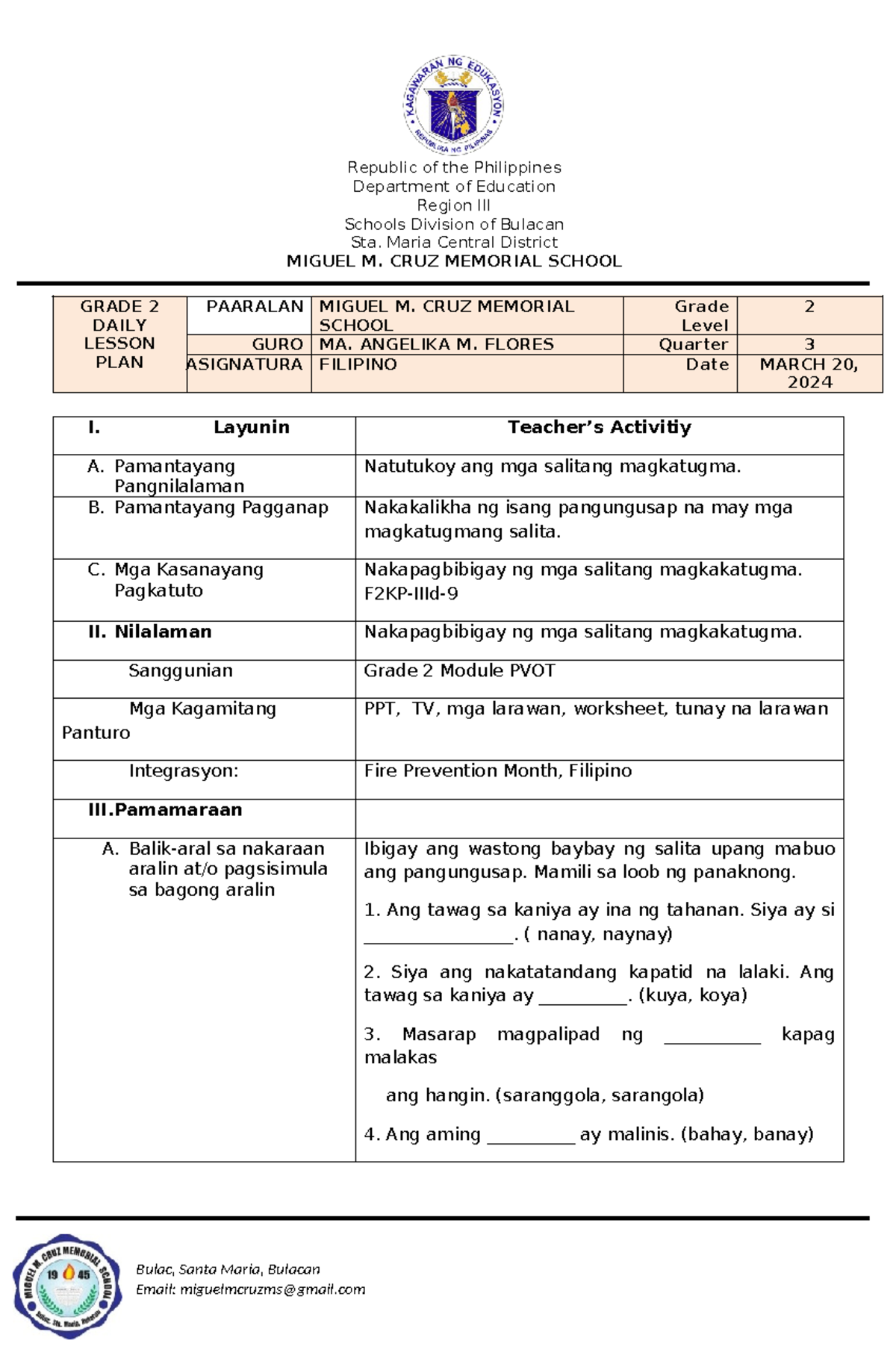 Mga Salitang Magkakatugma: Daily Lesson Plan for Grade 2 (Filipino ...