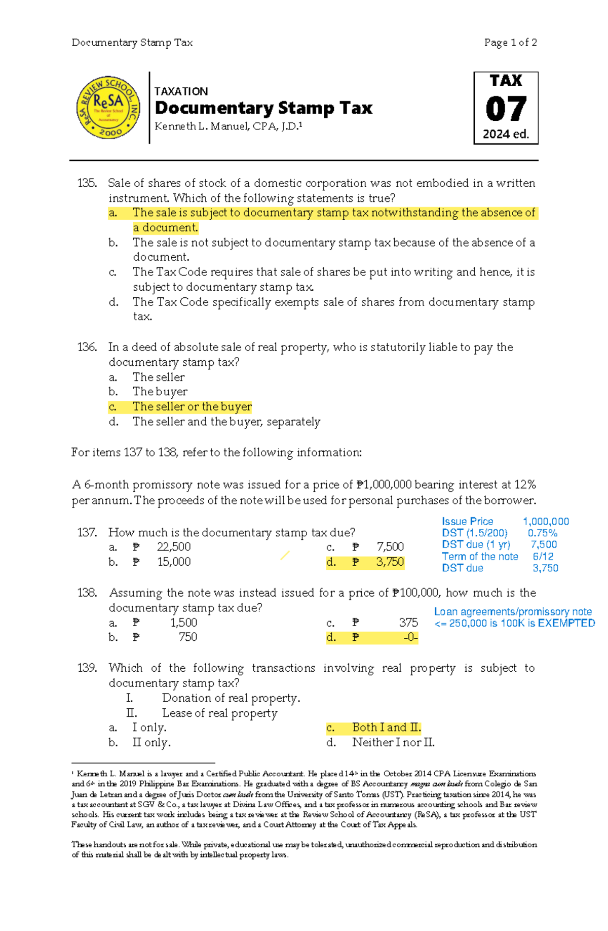 TAX07 Documentary Stamp Tax Study Guide for 2024 Exam - Studocu