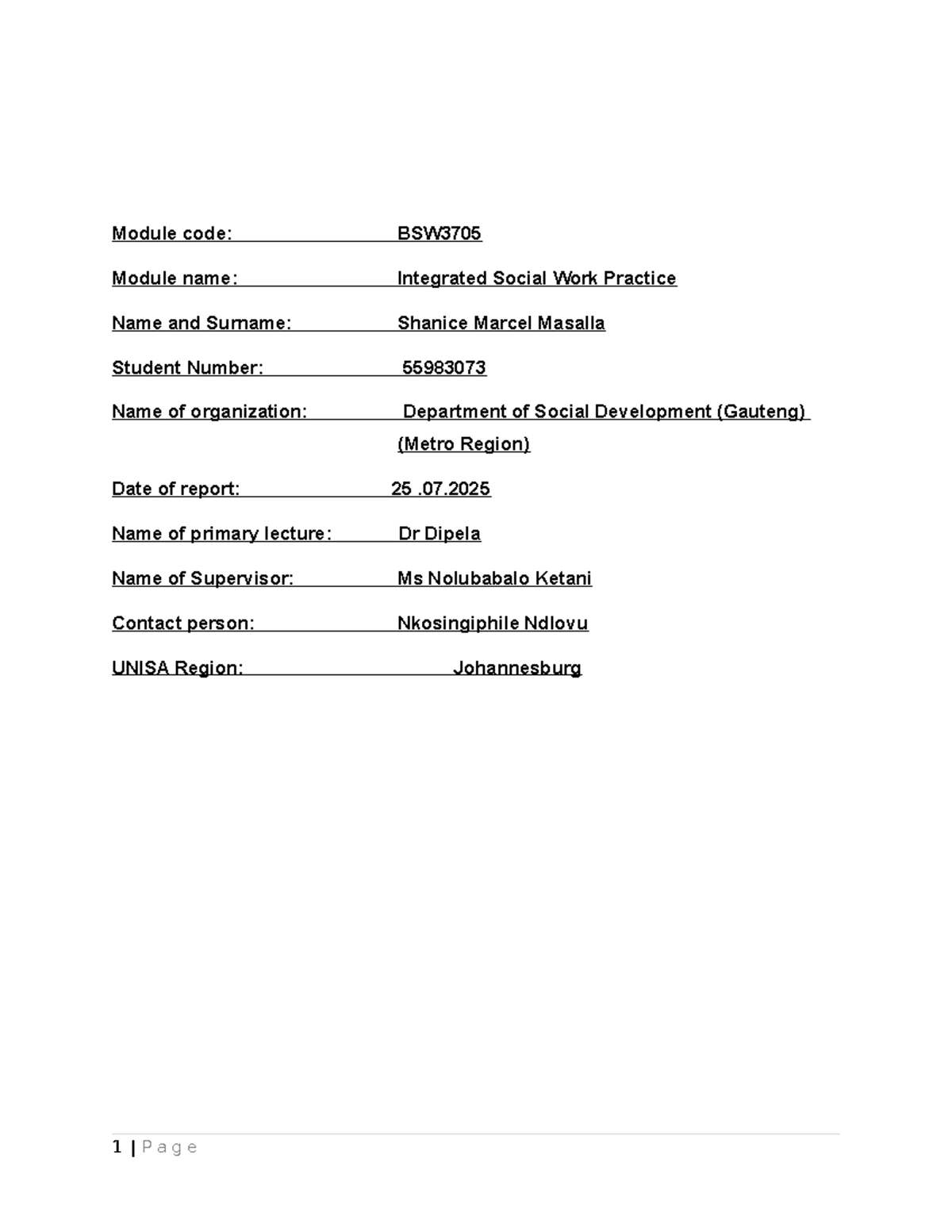 Casework Process Report 5: Evaluation of Client Y's Progress - BSW3705 ...