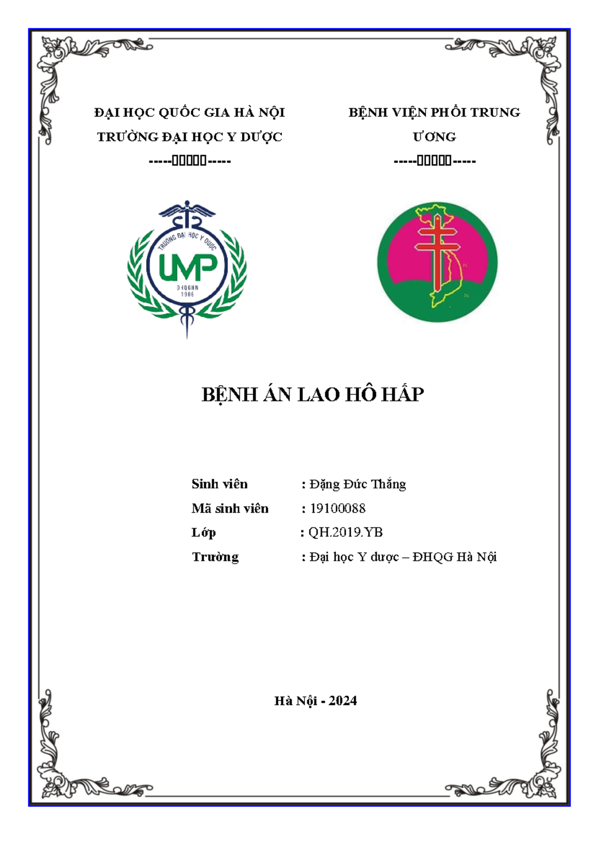 Bệnh Án Lao Hô Hấp - Thầy Thuốc Đặng Đức Thắng (QH.2019.YB) - Studocu