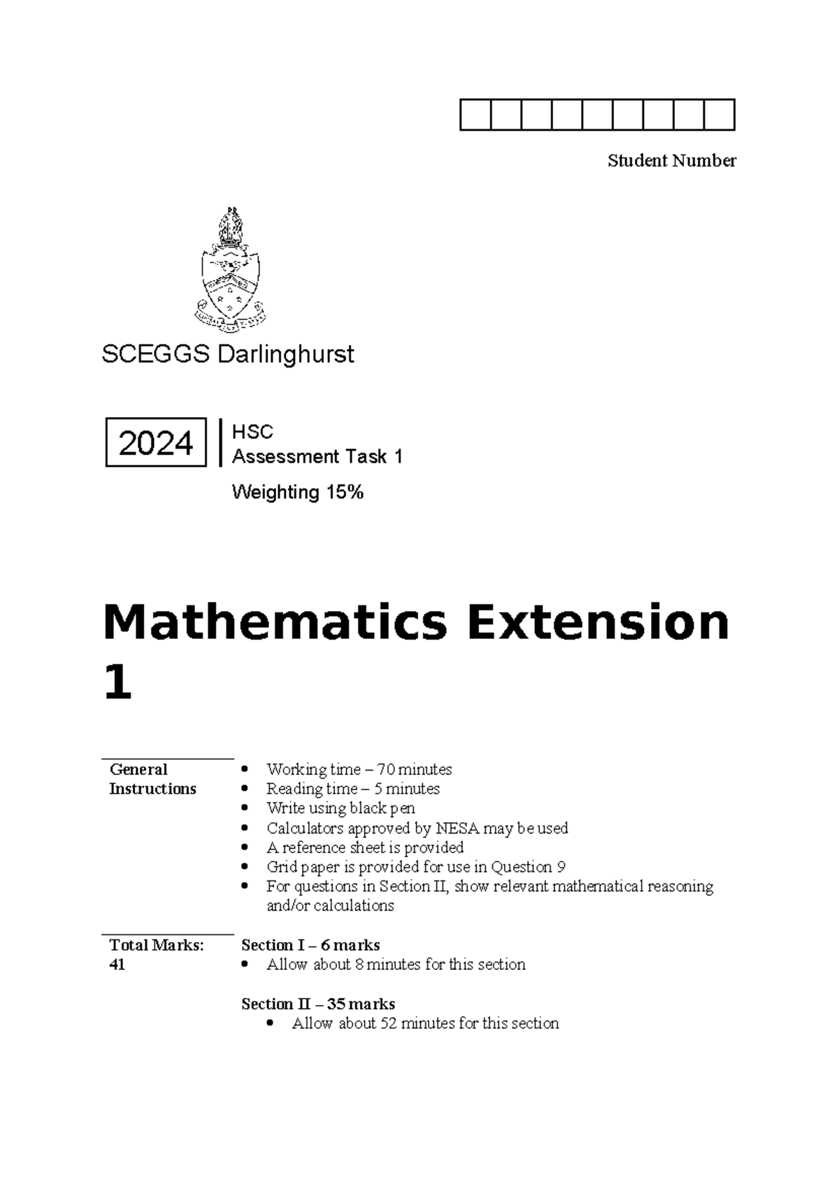 Year 12 HSC Assessment Task 1 - Mathematics Extension 1 (2024) - Studocu