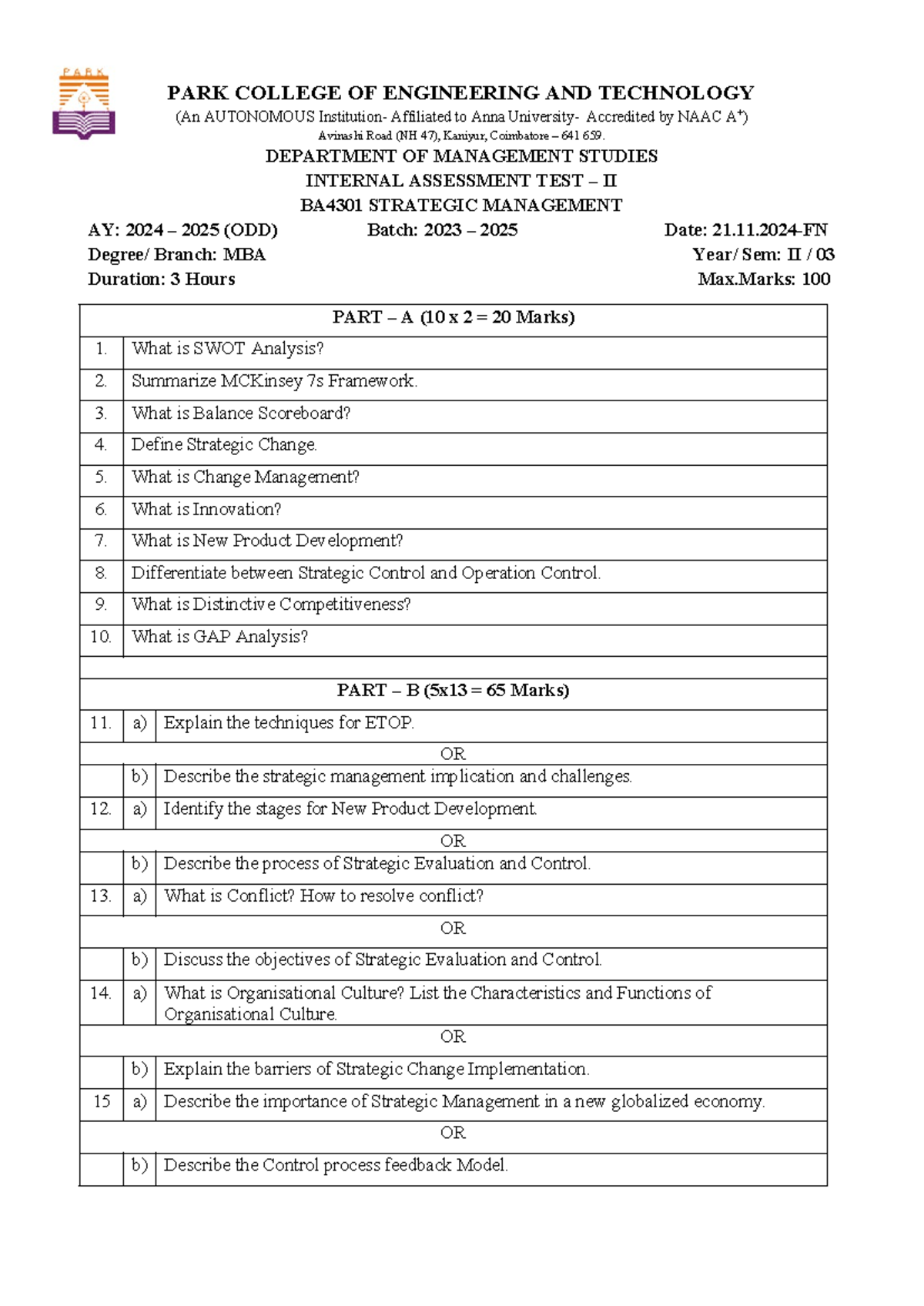 IAT 2 BA4301 Strategic Management Question Paper 2024-2025 - Studocu