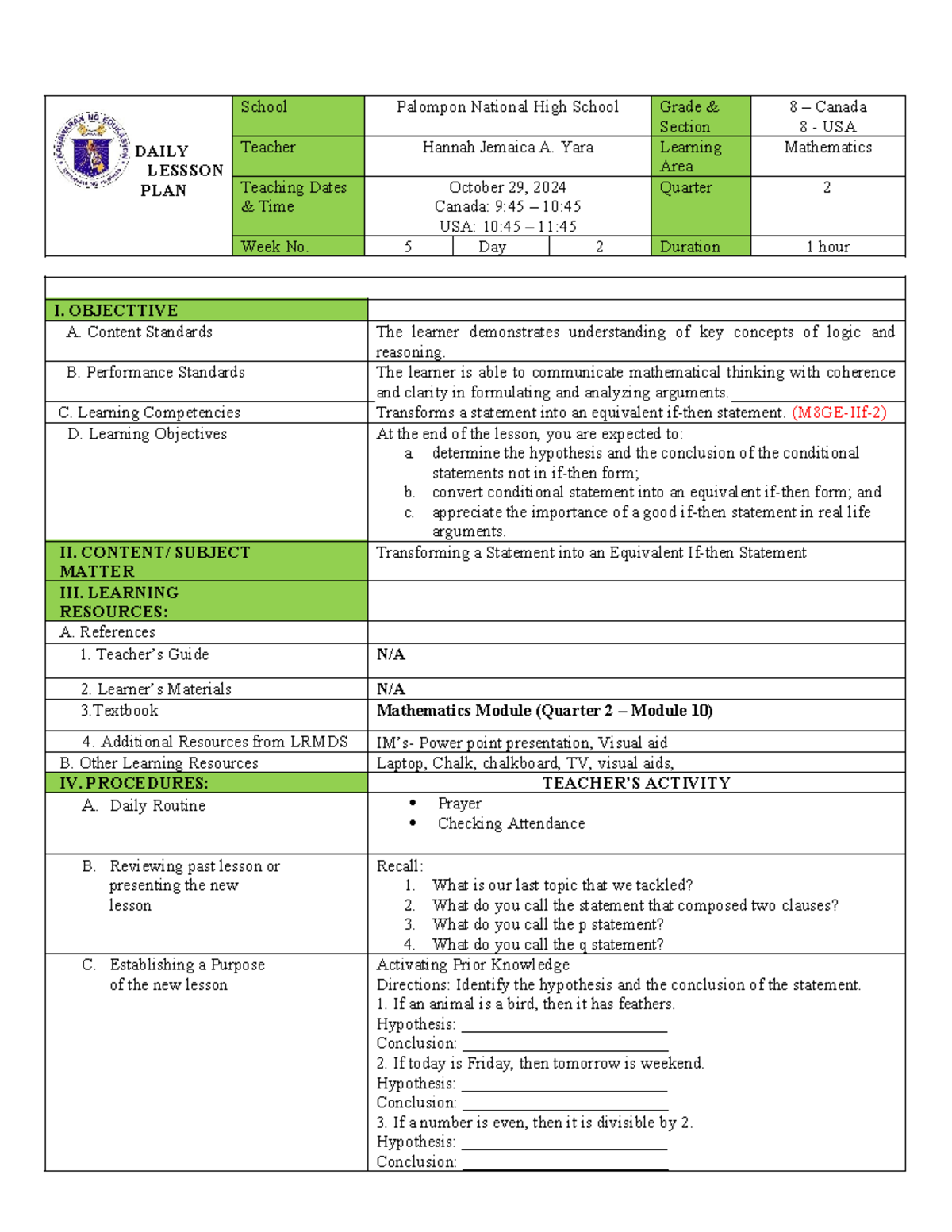 Transforming Statements into Equivalent If-Then Forms (M8GE-IIf-2 ...