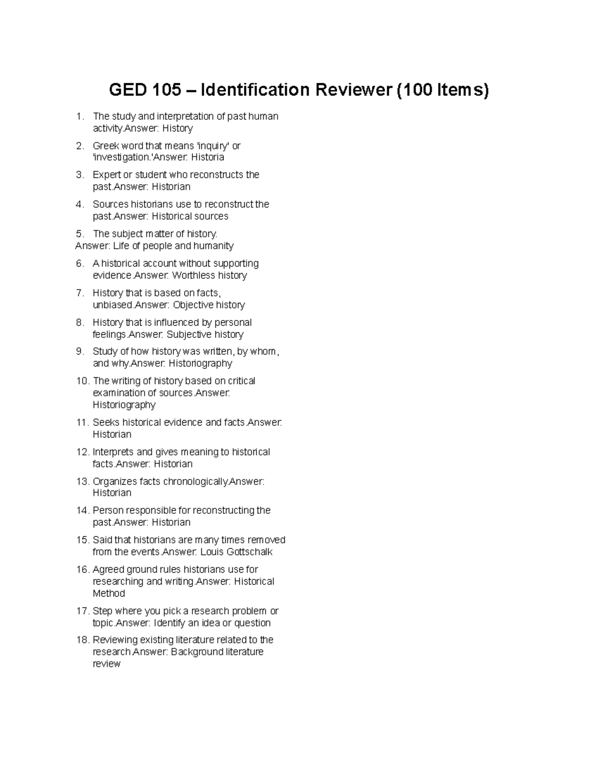 GED 105 Identification Reviewer: Key Concepts in History (100 Items ...