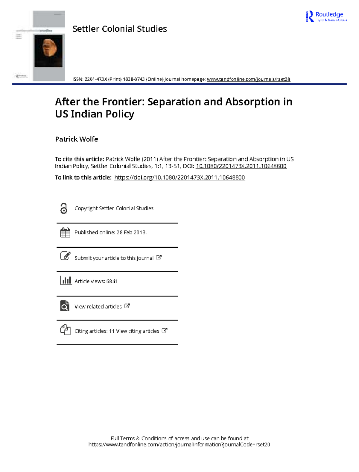 After the Frontier: US Indian Policy Strategies of Separation and ...