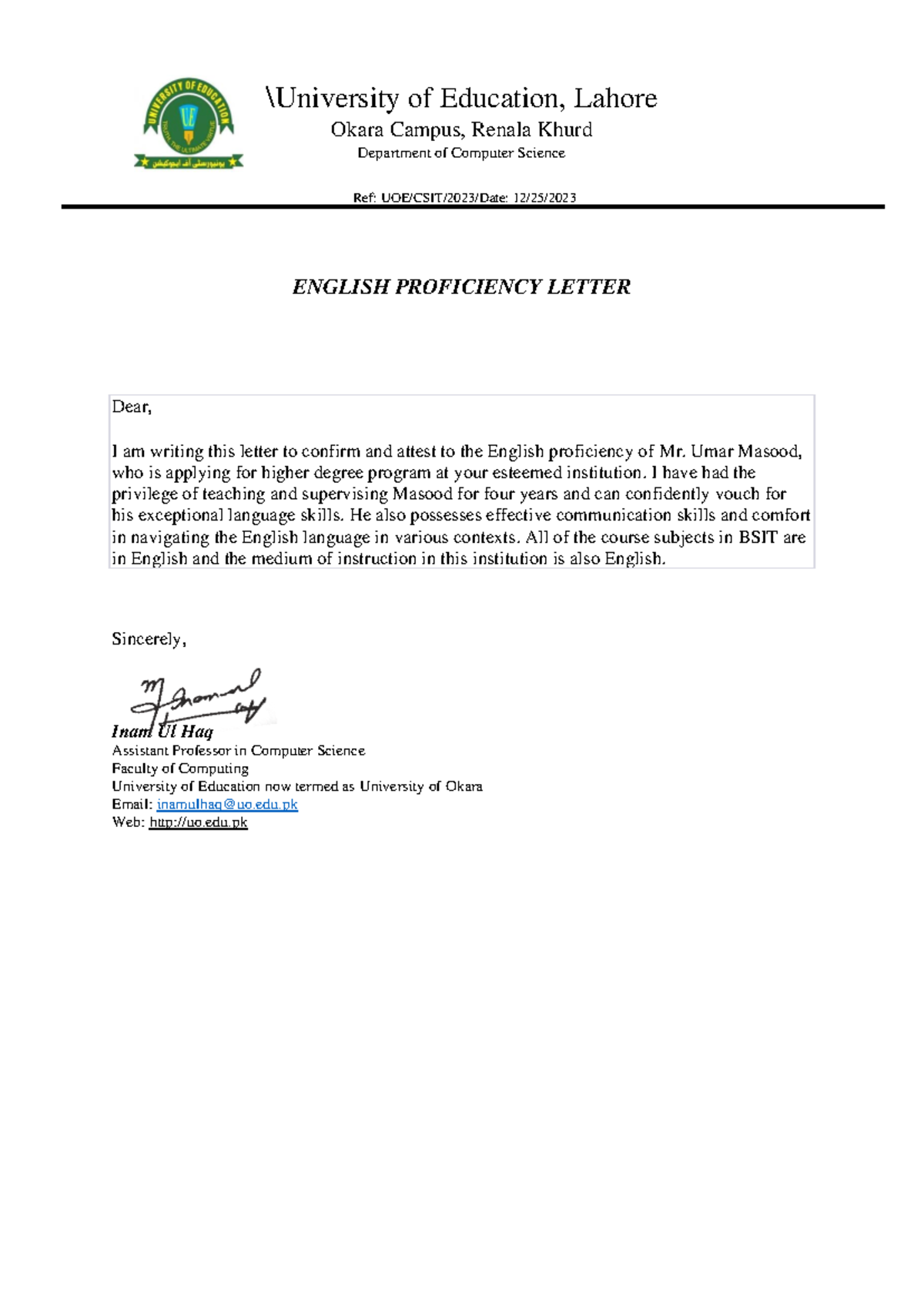 English Proficiency Letter for Mr. Umar Masood - UOE/CSIT/2023 - Studocu