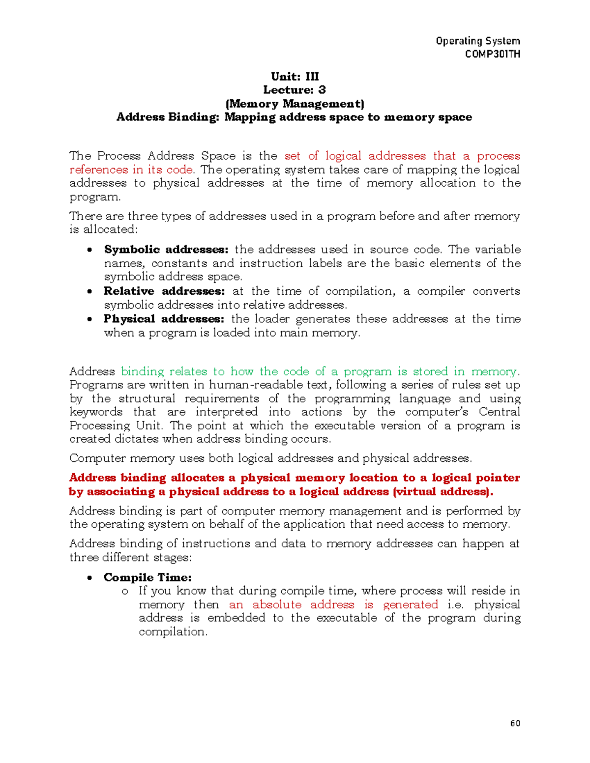 Unit III Lecture 3 Address Binding - Operating System COMP301TH 60 Unit ...