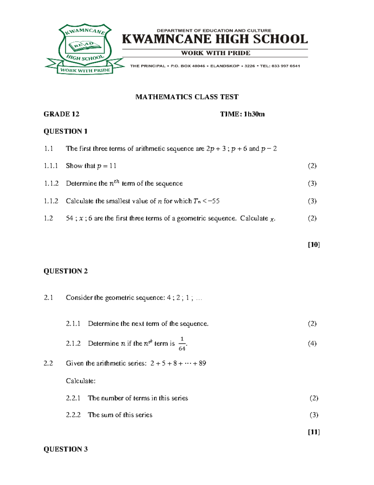 Grade 12 Mathematics Class Test 1 - Sequences and Series - Studocu
