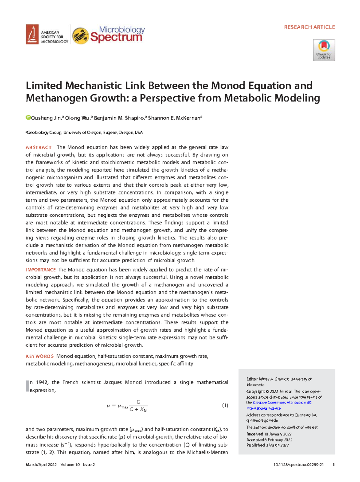 Links Between the Monod Equation and Methanogen Growth: A Metabolic ...