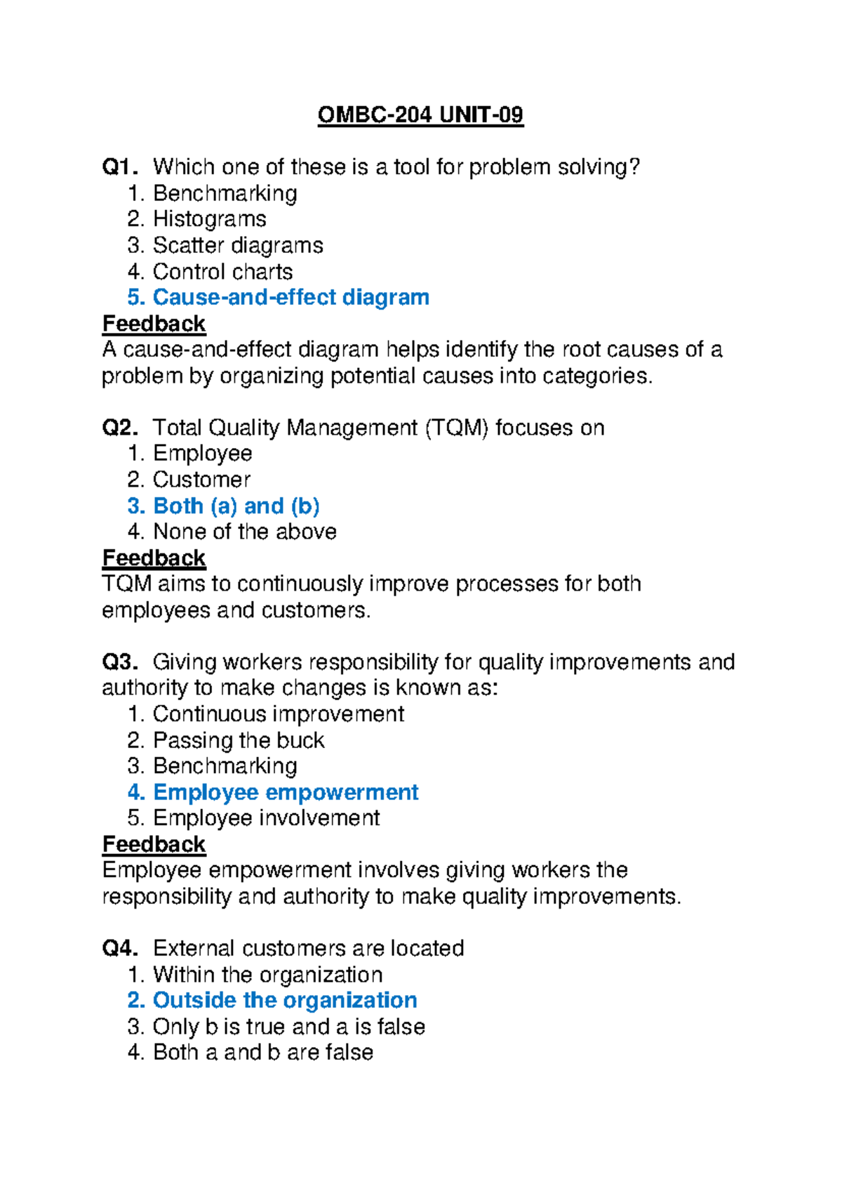 OMBC-204 Unit 09 - MCQ on Quality Management Concepts - Studocu