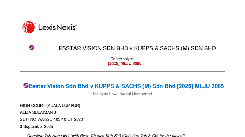Esstar Vision Sdn Bhd v Kupps & Sachs (M) Sdn Bhd [2025] MLJU 3085 ...