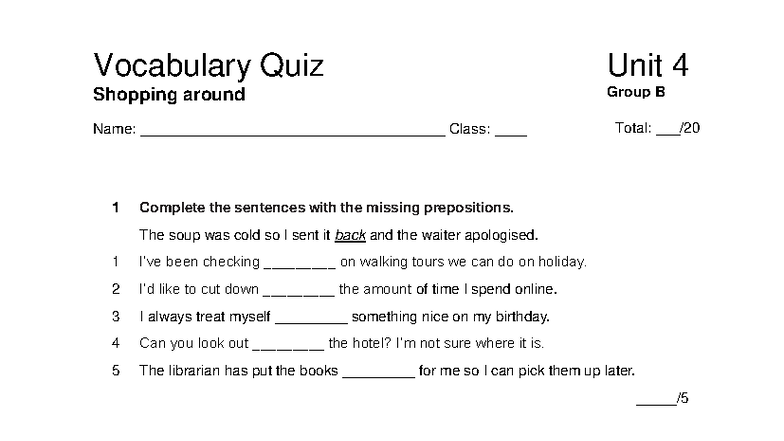 Focus 4 2E Vocabulary Quiz Unit 4: Shopping Around Group B - Studocu