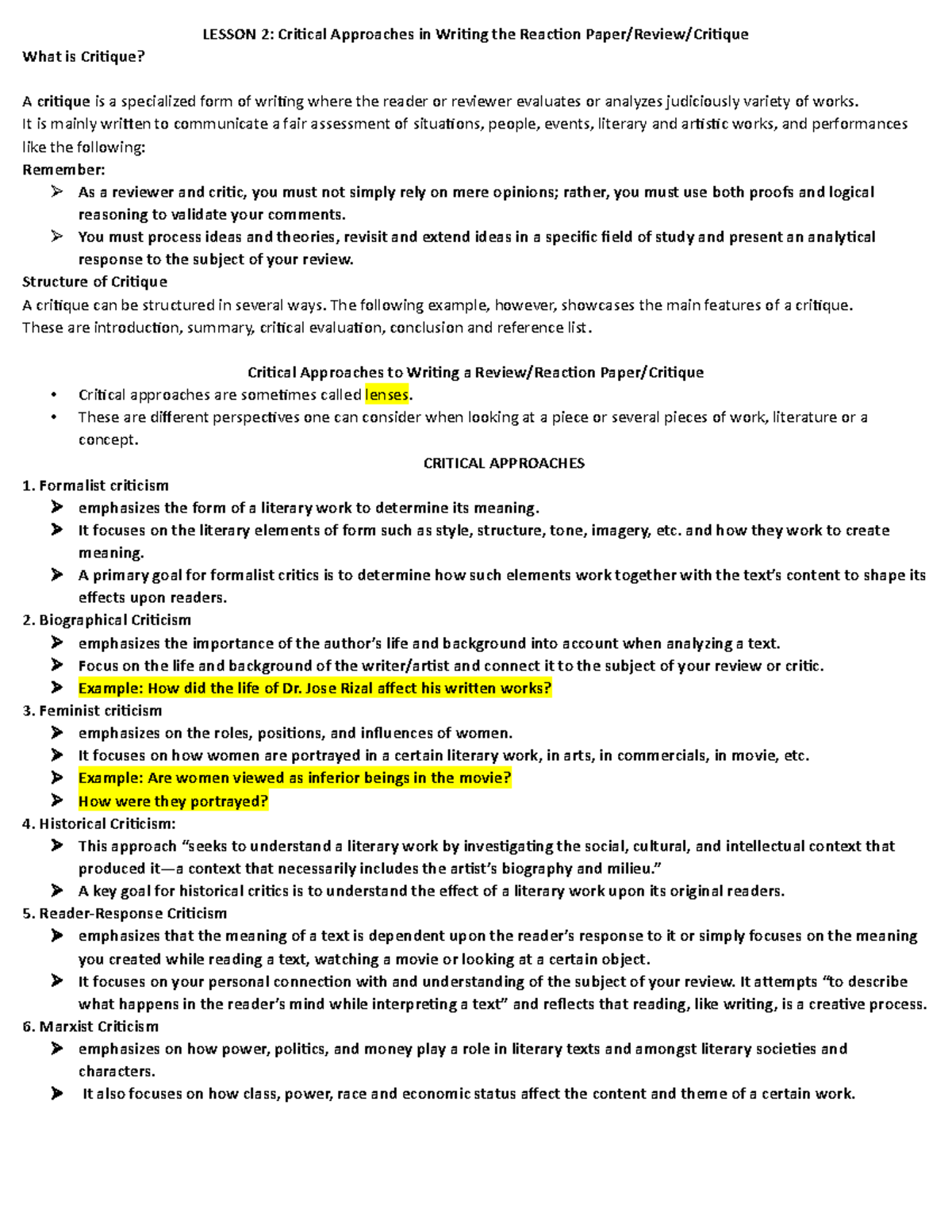 Lesson 2: Overview of Critical Approaches in Writing Critiques - Studocu