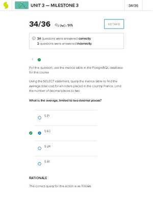 Sophia Intro to relational databases Unit 5 Milestone - 1 18 / 22 that's 82% RETAKE 18 questions ...