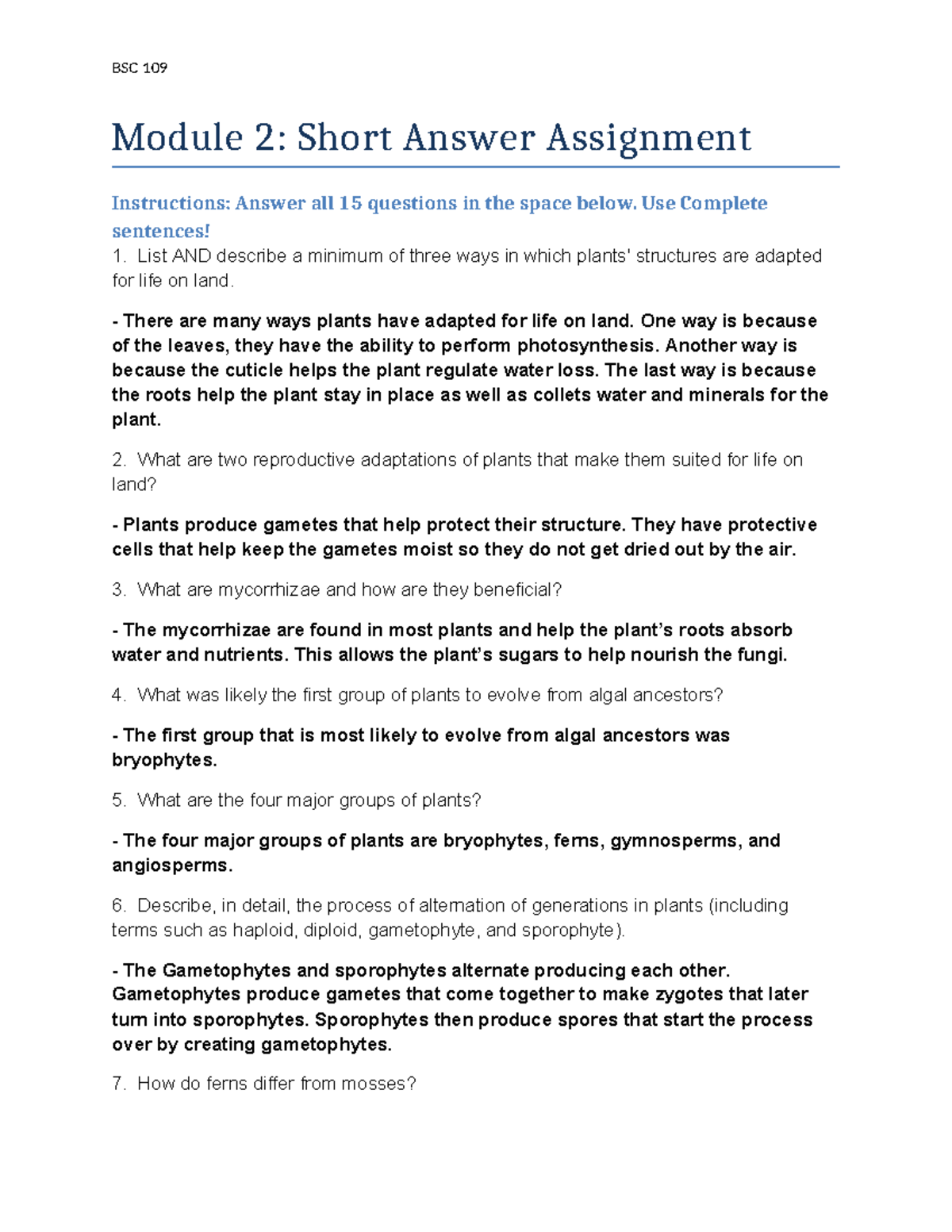 BSC 109 Module 2: Short Answer Assignment on Plant Adaptations - Studocu
