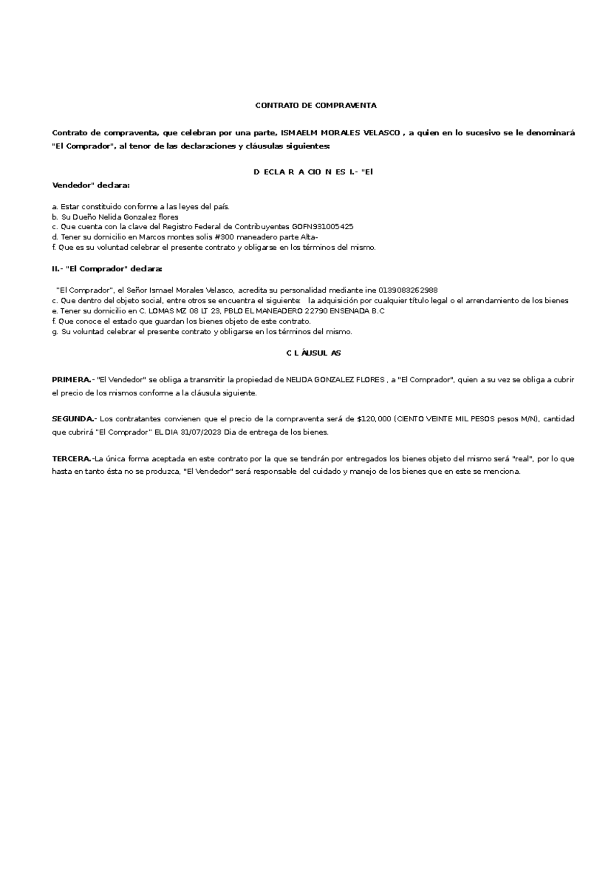 Contrato de Compraventa entre Ismael Morales y Nelida Gonzalez - Studocu