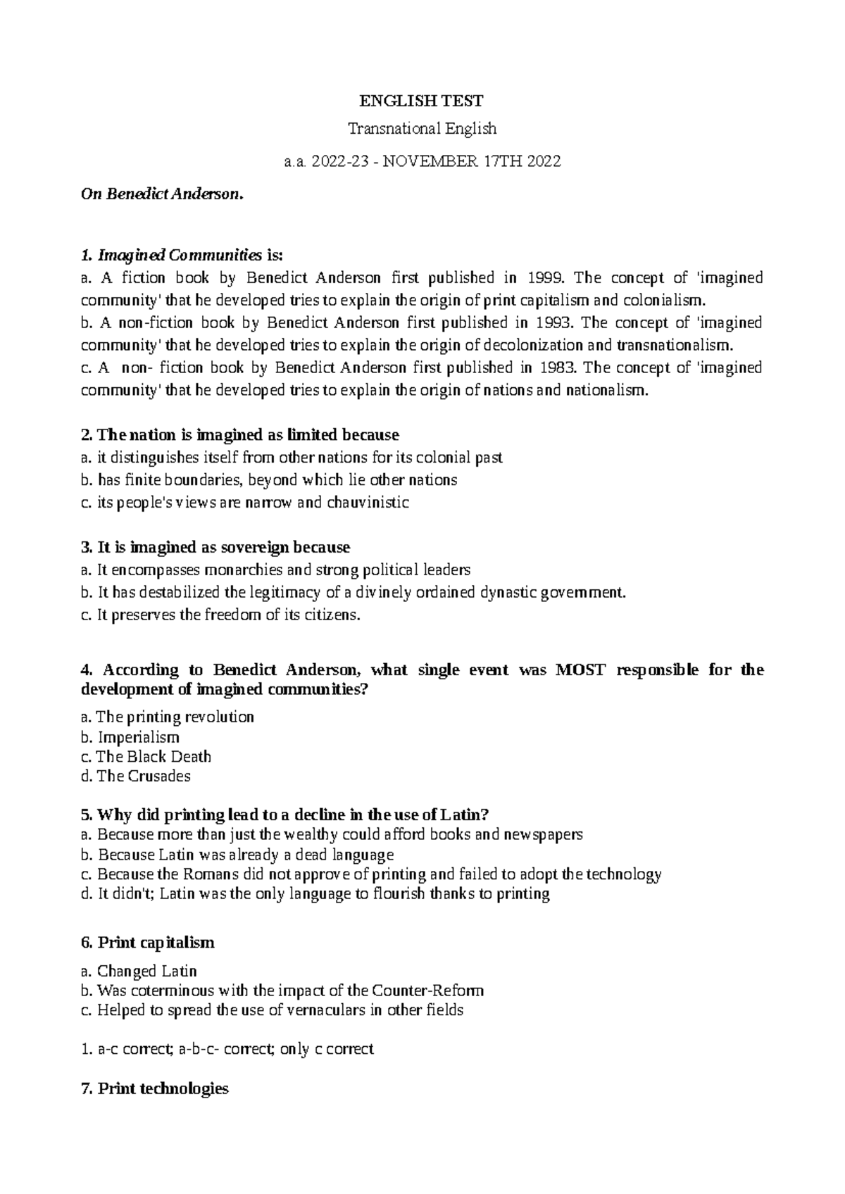 Quiz on Benedict Anderson's Imagined Communities (ENG 101) - Studocu