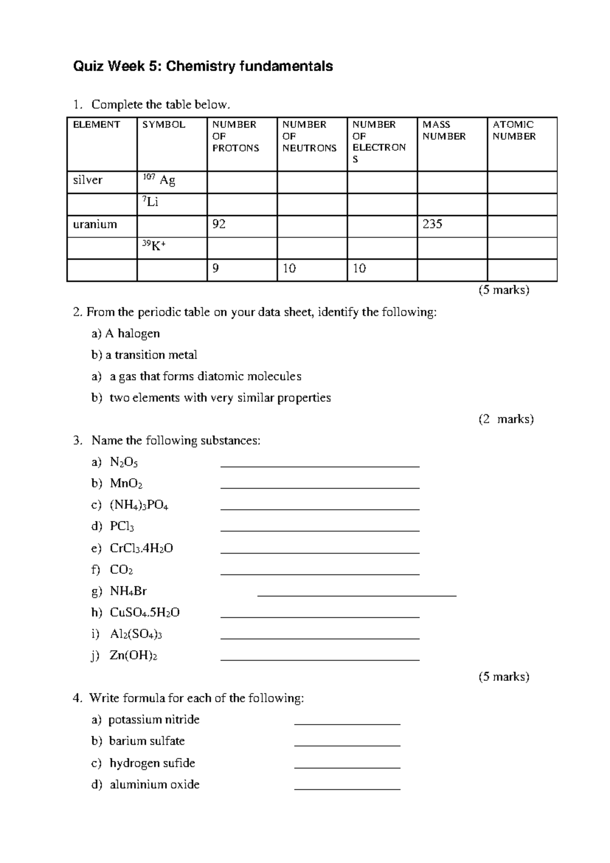 Quiz Week 5: Chemistry Fundamentals 1 - Key Concepts and Solutions ...