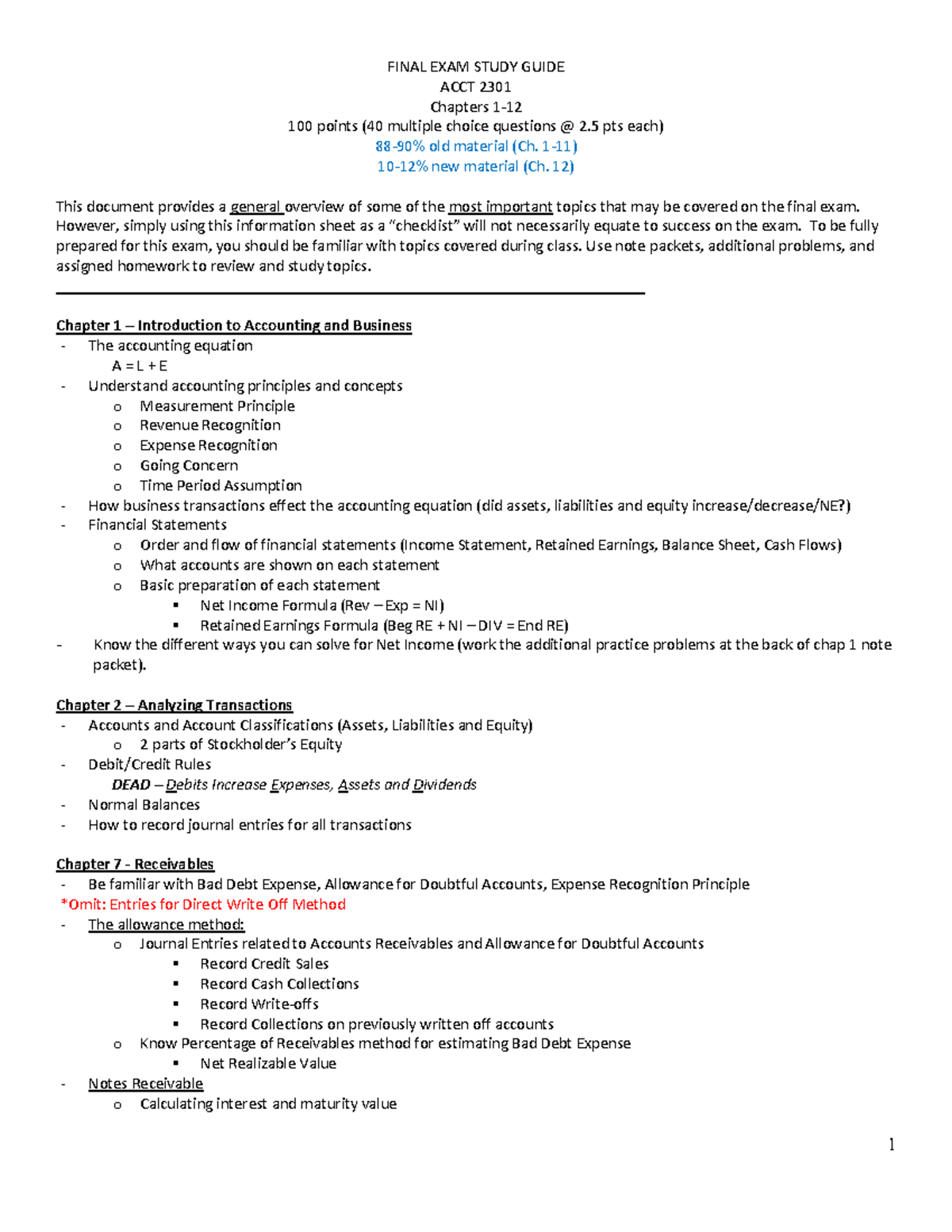 Final Exam Study Guide for ACCT 2301: Key Topics in Chapters 1-12 - Studocu
