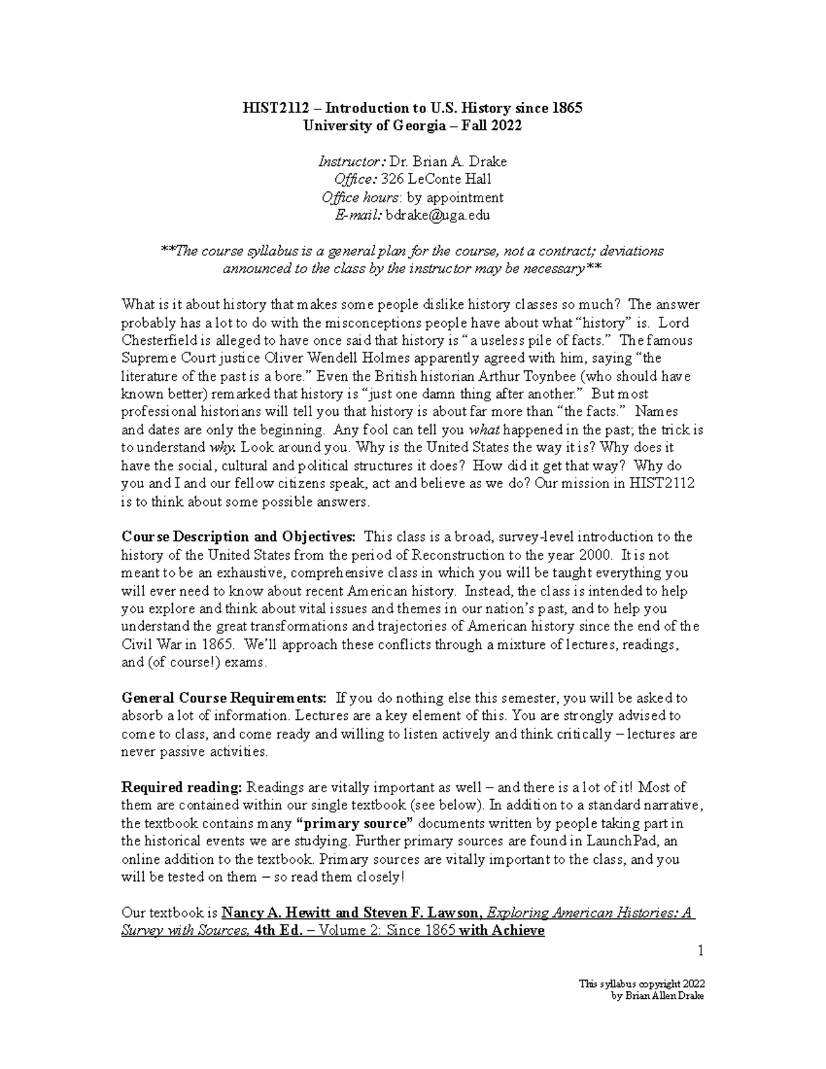 2112 MWFsyllabus-Fall2022 - HIST2112 – Introduction to U. History since ...