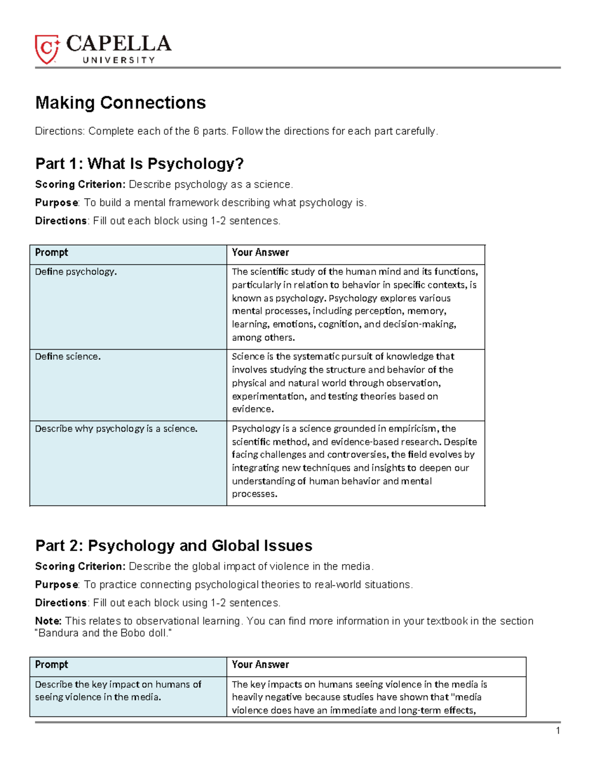 Psychology Connections Worksheet (PSY 101) - Exploring Core Concepts ...