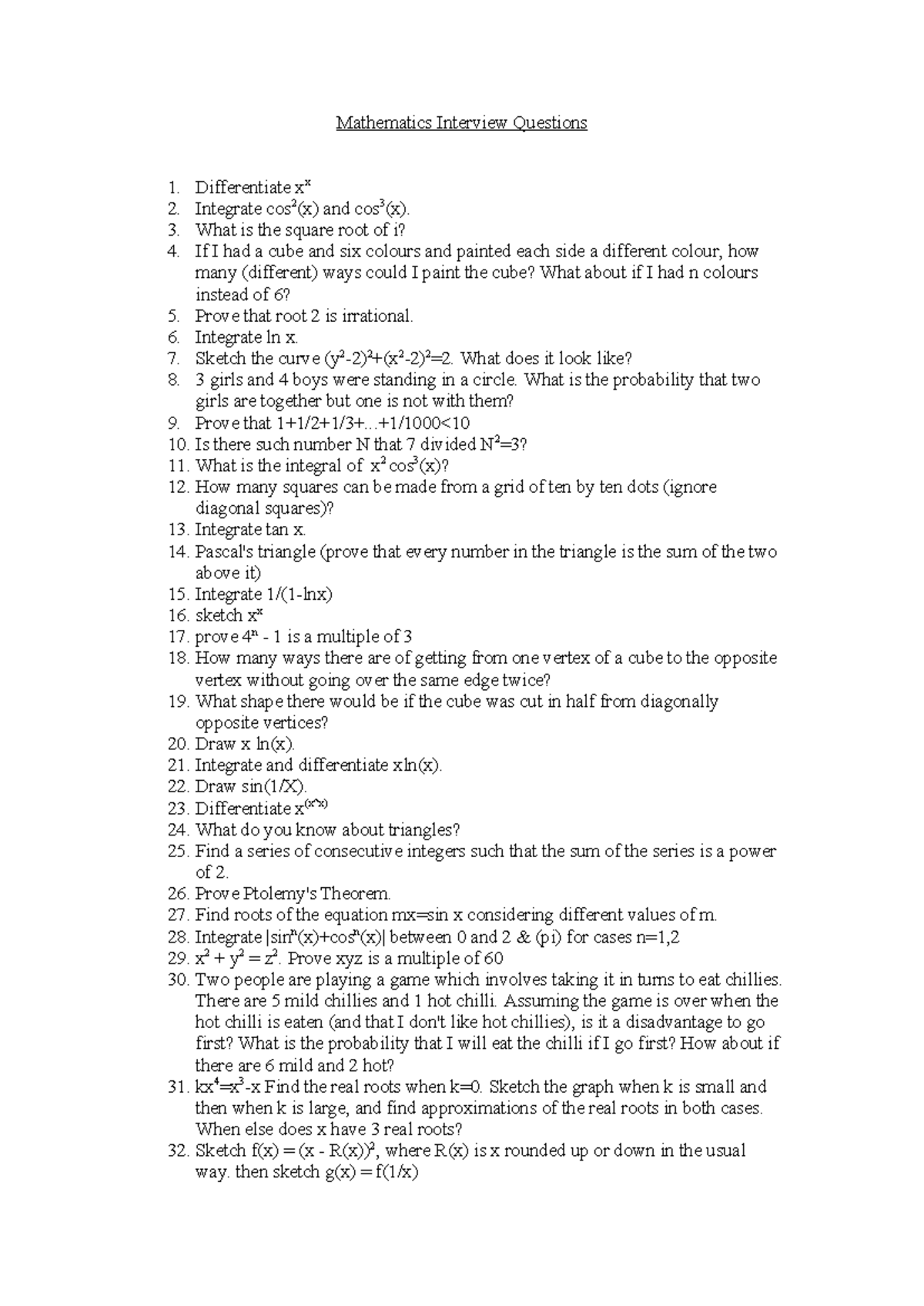 Mathematics Interview Questions: Essential Problems and Solutions - Studocu