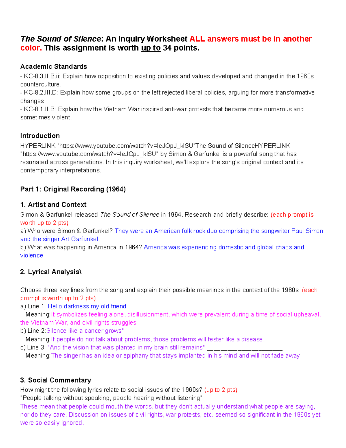 Copy of The Sound of Silence - An Inquiry Worksheet - The Sound of ...