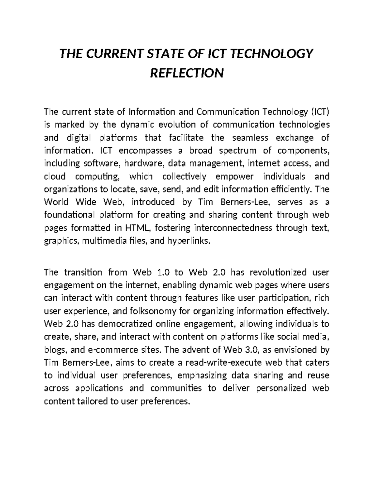 The current state of ICT technology reflection - THE CURRENT STATE OF ...