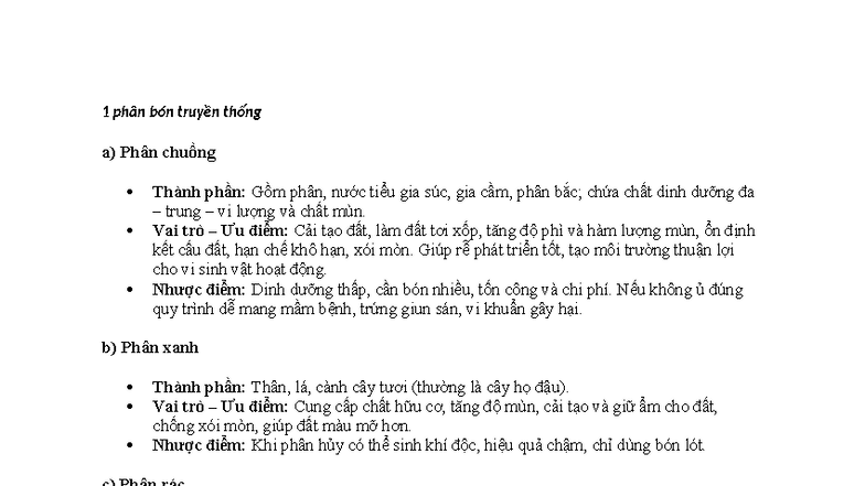 Phân Bón Truyền Thống: Thành Phần, Vai Trò và Ưu Nhược Điểm - Studocu