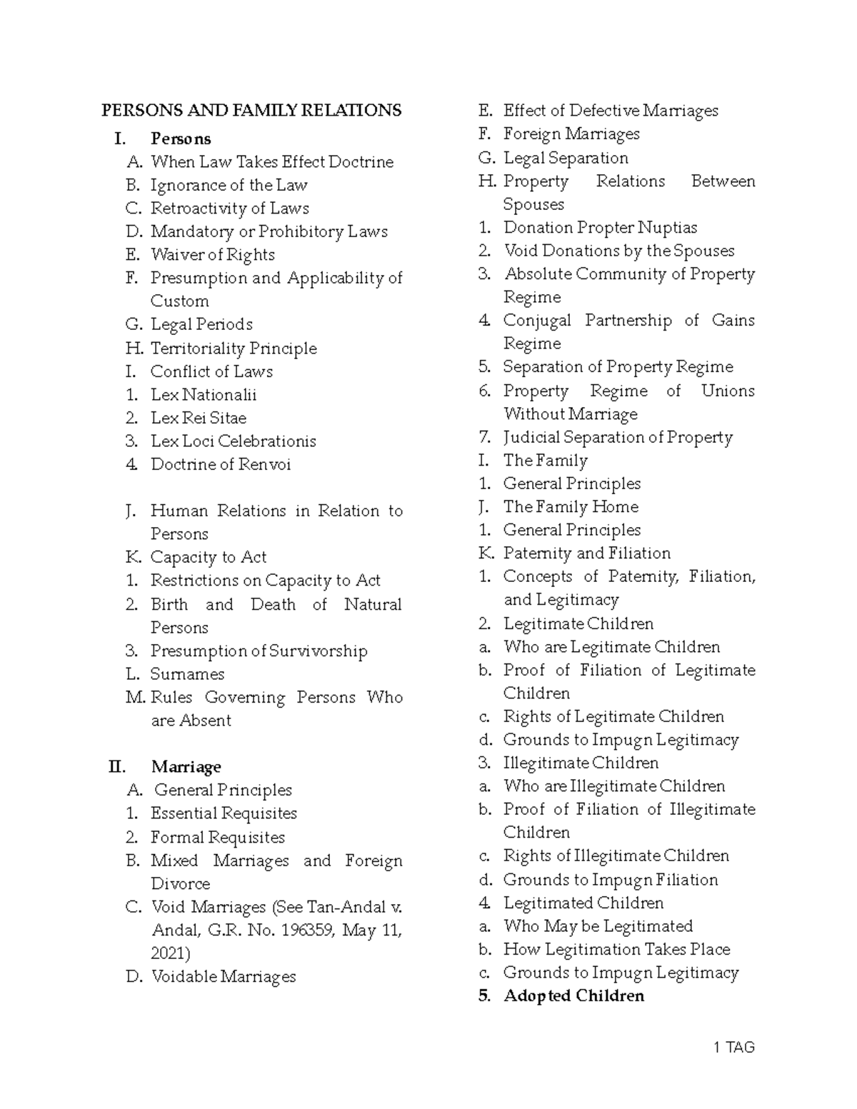 Civil LAW Reviewer 2023 - PERSONS AND FAMILY RELATIONS I. Persons A ...